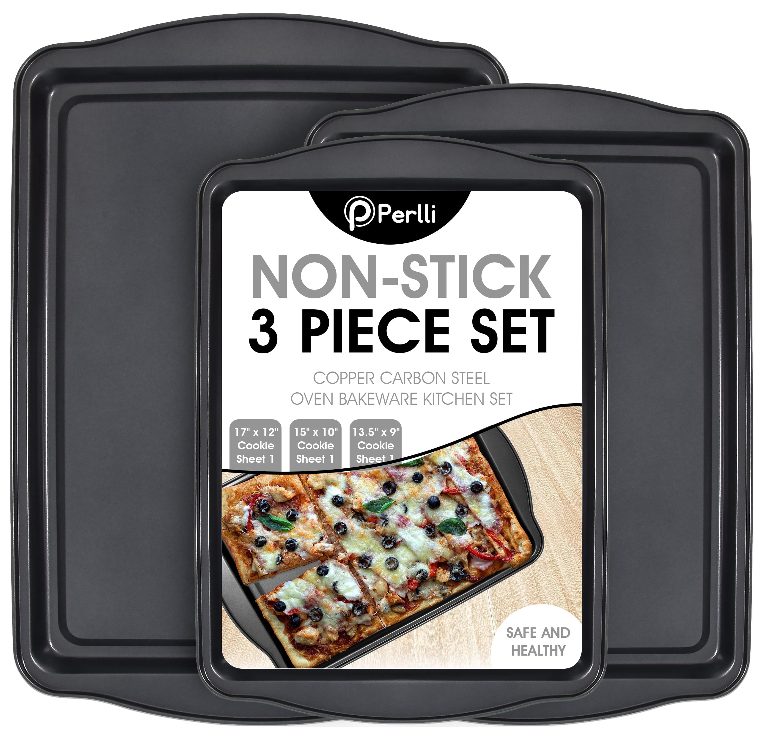 Perlli 3-Piece Cookie Sheet Oven Tray Set with Gray Handles for Non ...