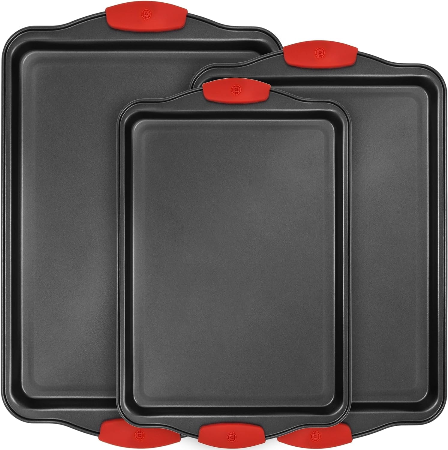 Perlli 3-Piece Cookie Sheet Oven Tray Set with Red Handles for Non ...