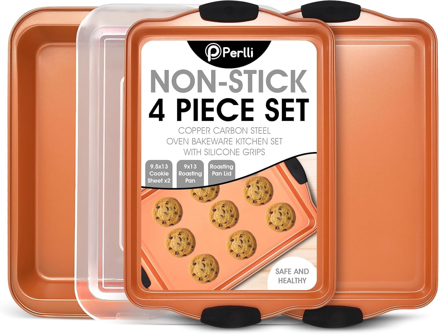 Perlli Baking 4-Piece Oven Bakeware Set Non-stick Copper Steel Baking Pans with Black Silicone ...
