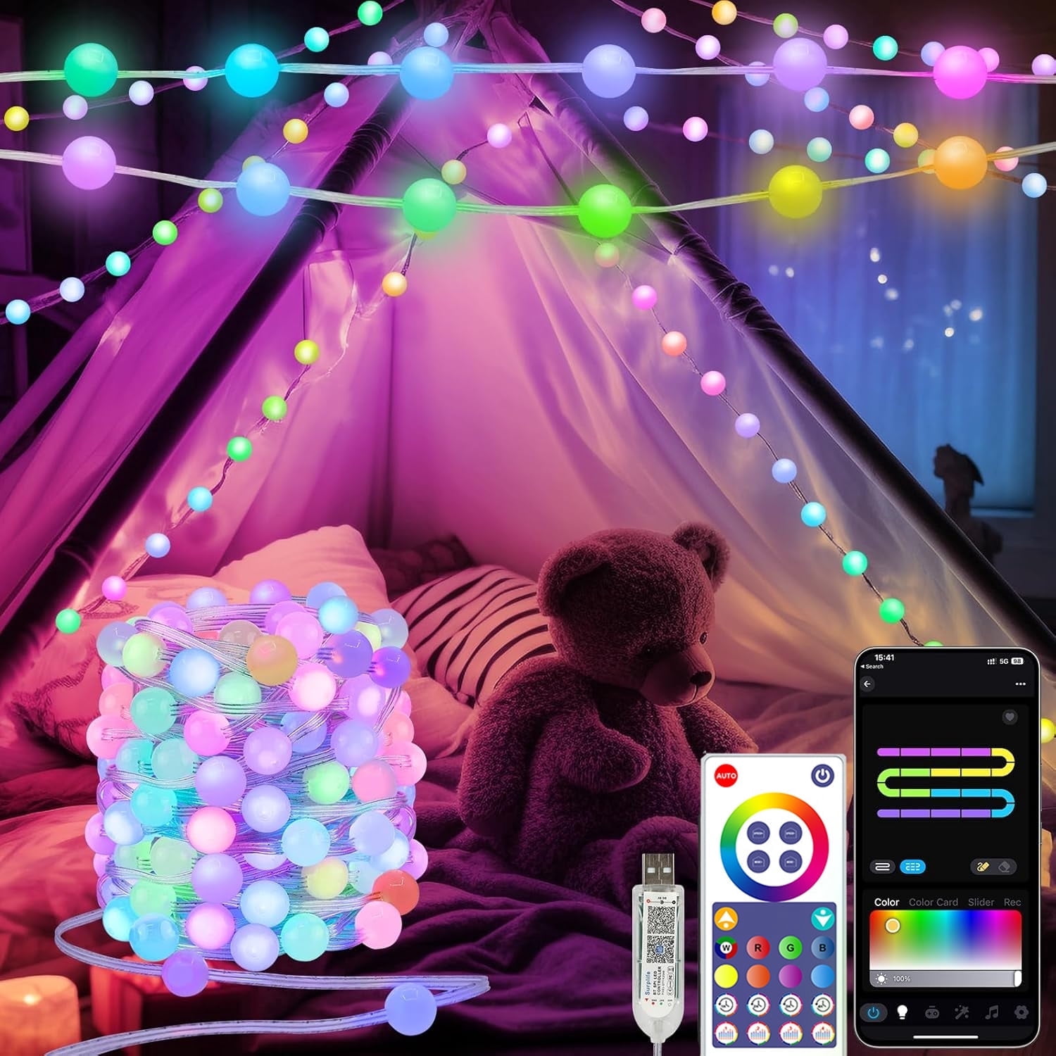 Smart RGB Color String Lights 17ft,App Control Colored Fairy Lights ...