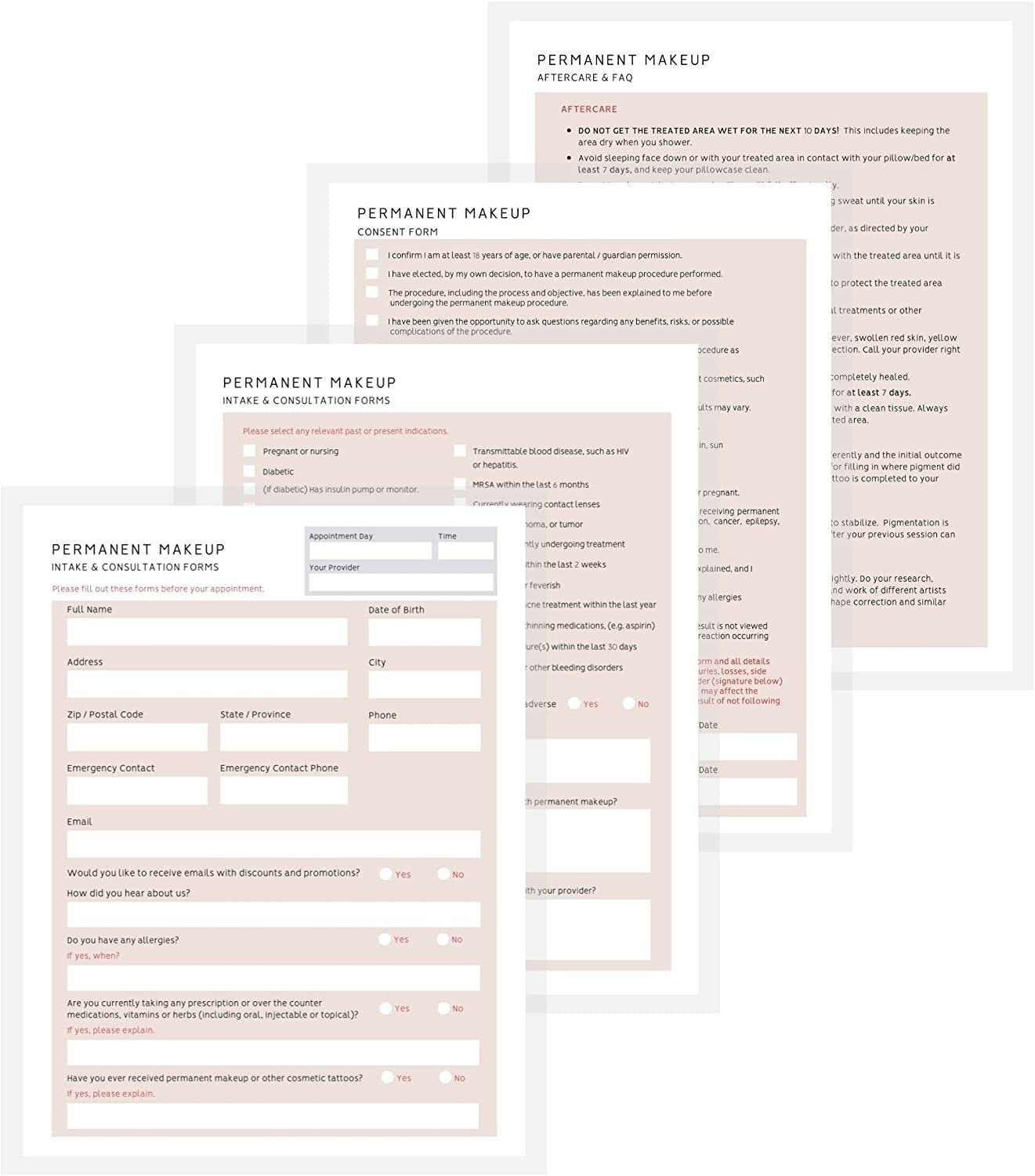 Permanent Makeup Intake Forms Consent, Intake, Aftercare Packet for ...