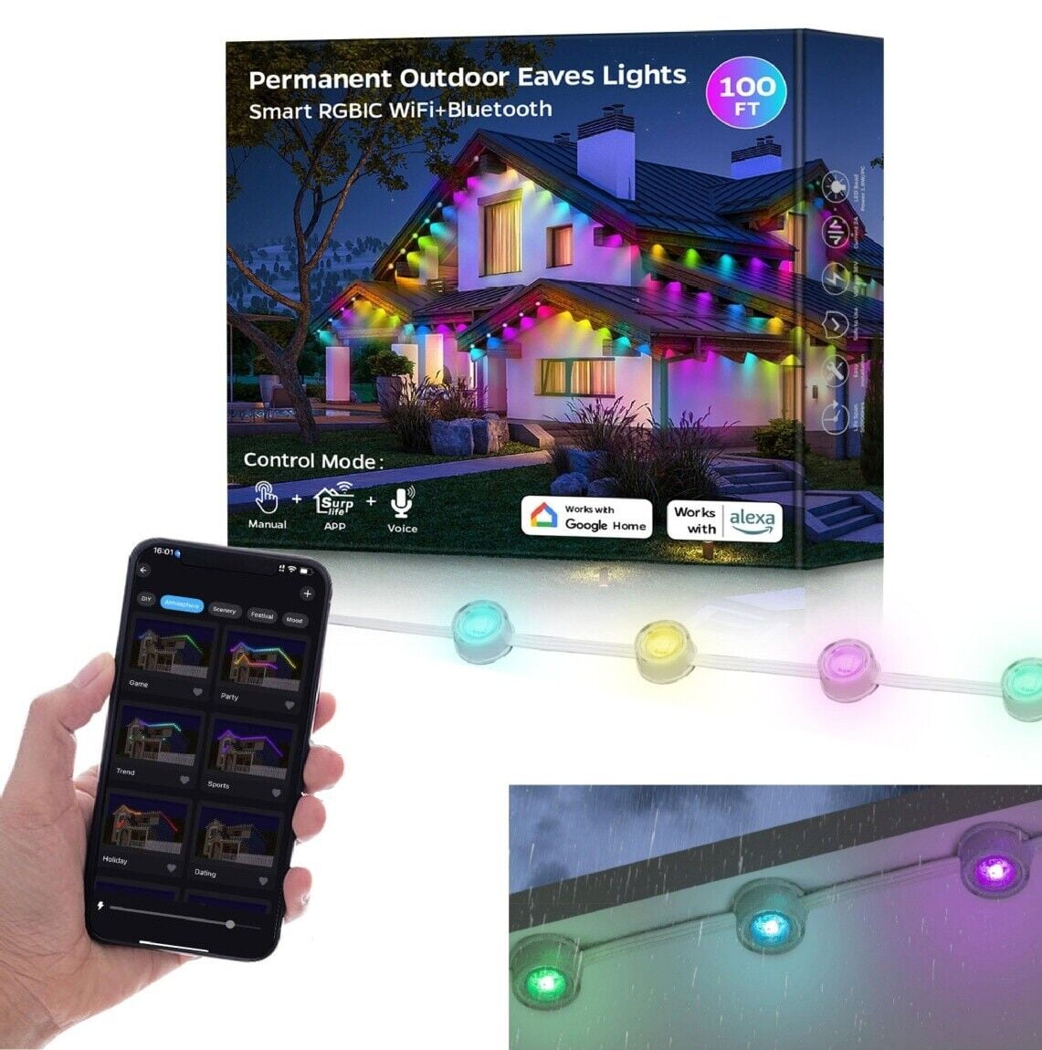 Permanent Outdoor Eaves Lights Smart RGBIC 100ft DIY Scene Modes 72 LED ...