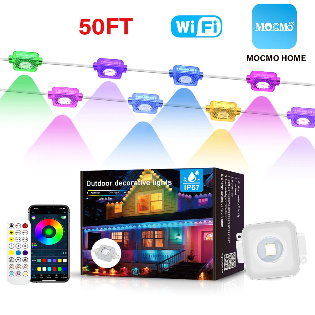 Permanent Outdoor Light, Smart RGB Eaves Lights IP67 waterproof 50 FT ...