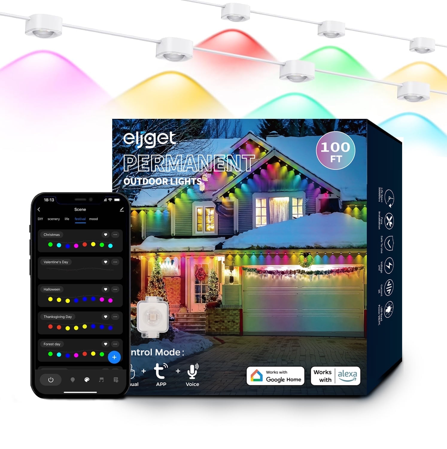 Permanent Outdoor Lights, 100ft Smart RGB+IC Outdoor Lights with 72 ...