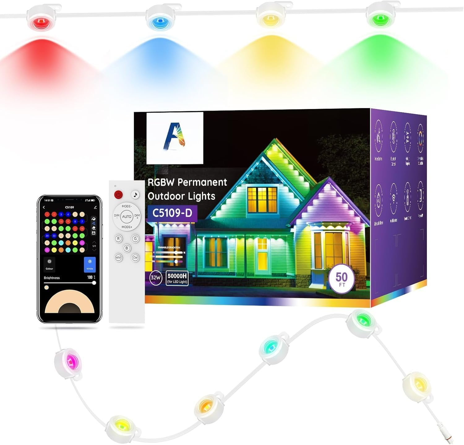 Permanent Outdoor Lights 50ft with 36 RGBW LEDs, 111 Scene Modes, Eaves ...