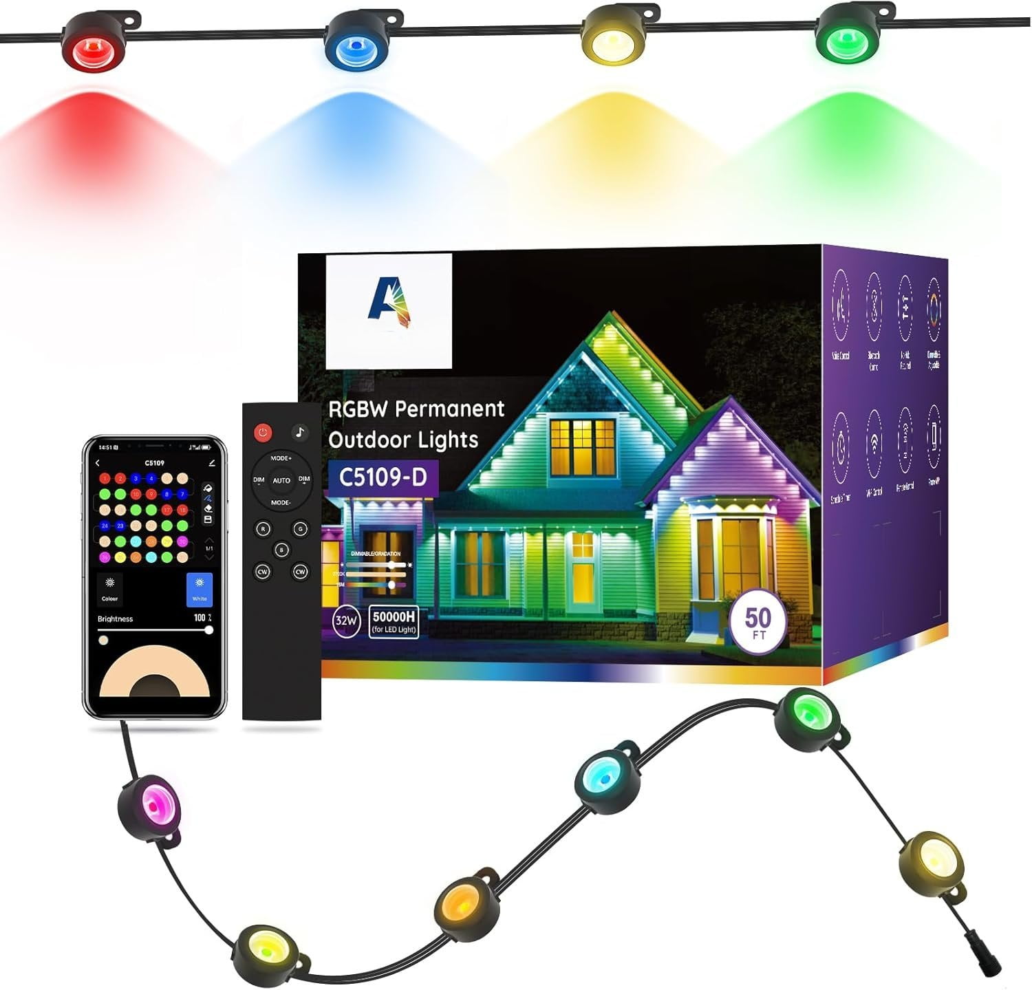 Permanent Outdoor Lights 50ft with 36 RGBW LEDs, DIY Scene Modes, Eaves ...