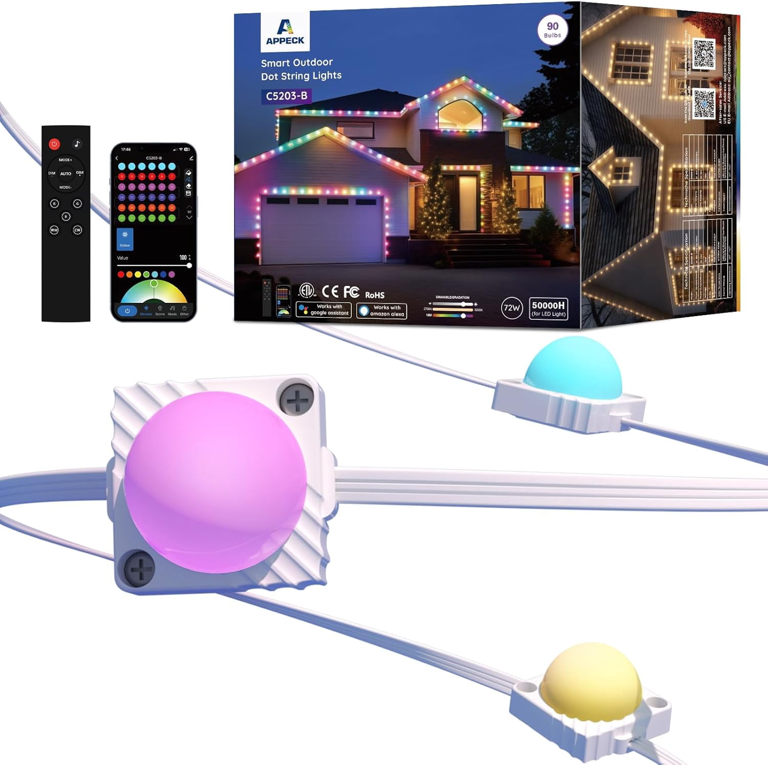 Permanent Outdoor Lights for House, 100ft with 90 LEDs, 60lm Warm White Solid Cover, RGBW Smart ...