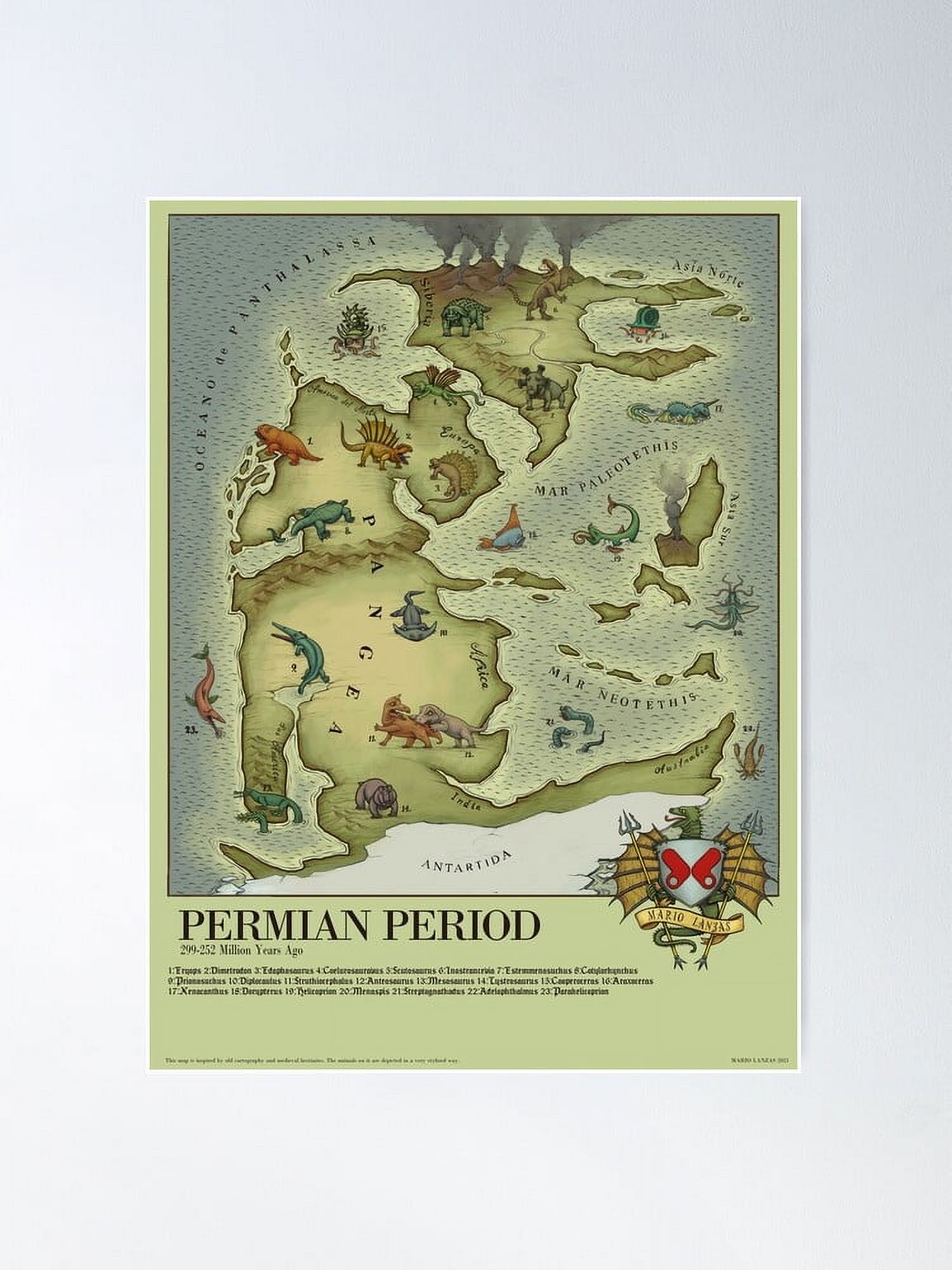 Permian Period World Map (medieal bestiary style) Pangea Poster ...