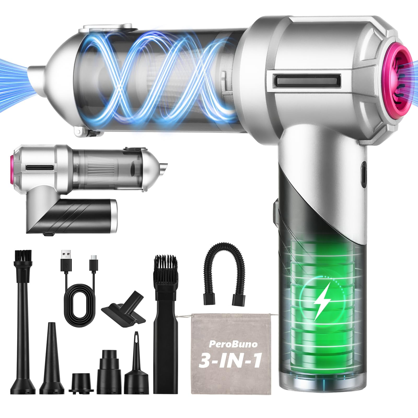 PeroBuno Car Vacuum Portable Cordless, 18000PA Suction, 3-in-1 Foldable ...
