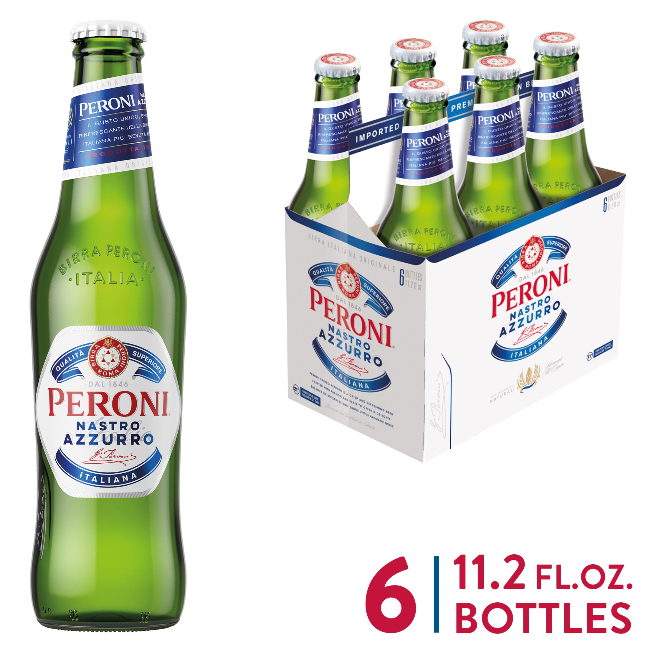 Peroni Nastro Azzurro Import Lager Beer, 6 Pack, 330 ml Glass Bottles ...