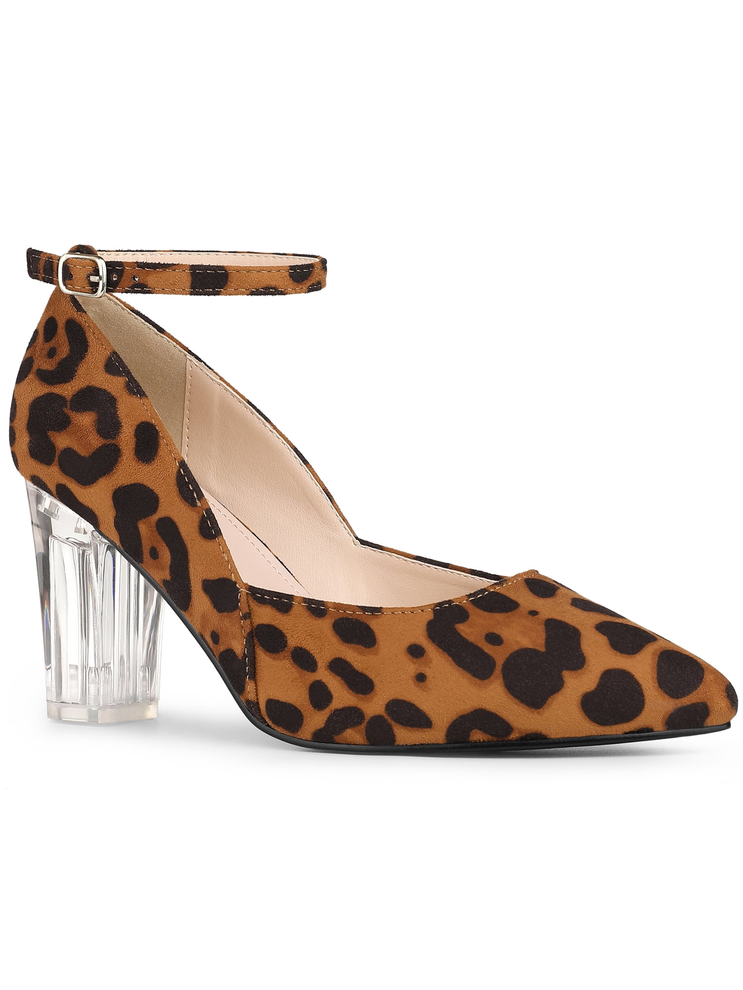 Perphy Ankle Strap Pointed Toe Clear Block Heel Pumps for Women ...