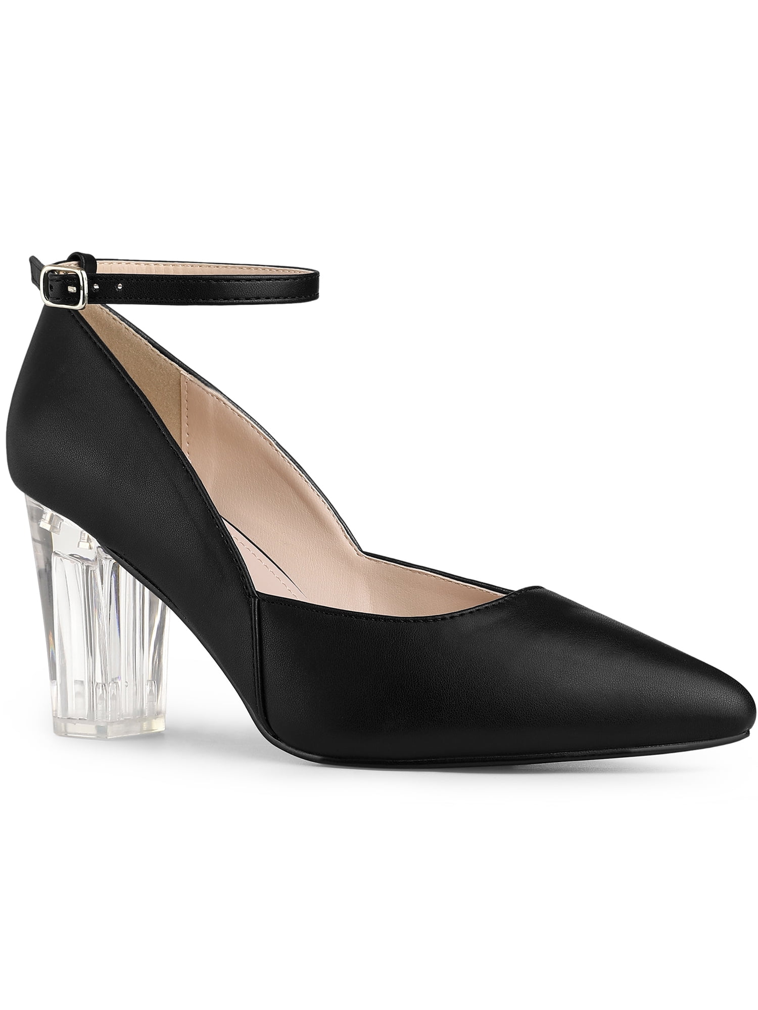 BLISSFUL STEP Ankle Strap Pointed Toe Clear Block Heel Pumps for Women ...