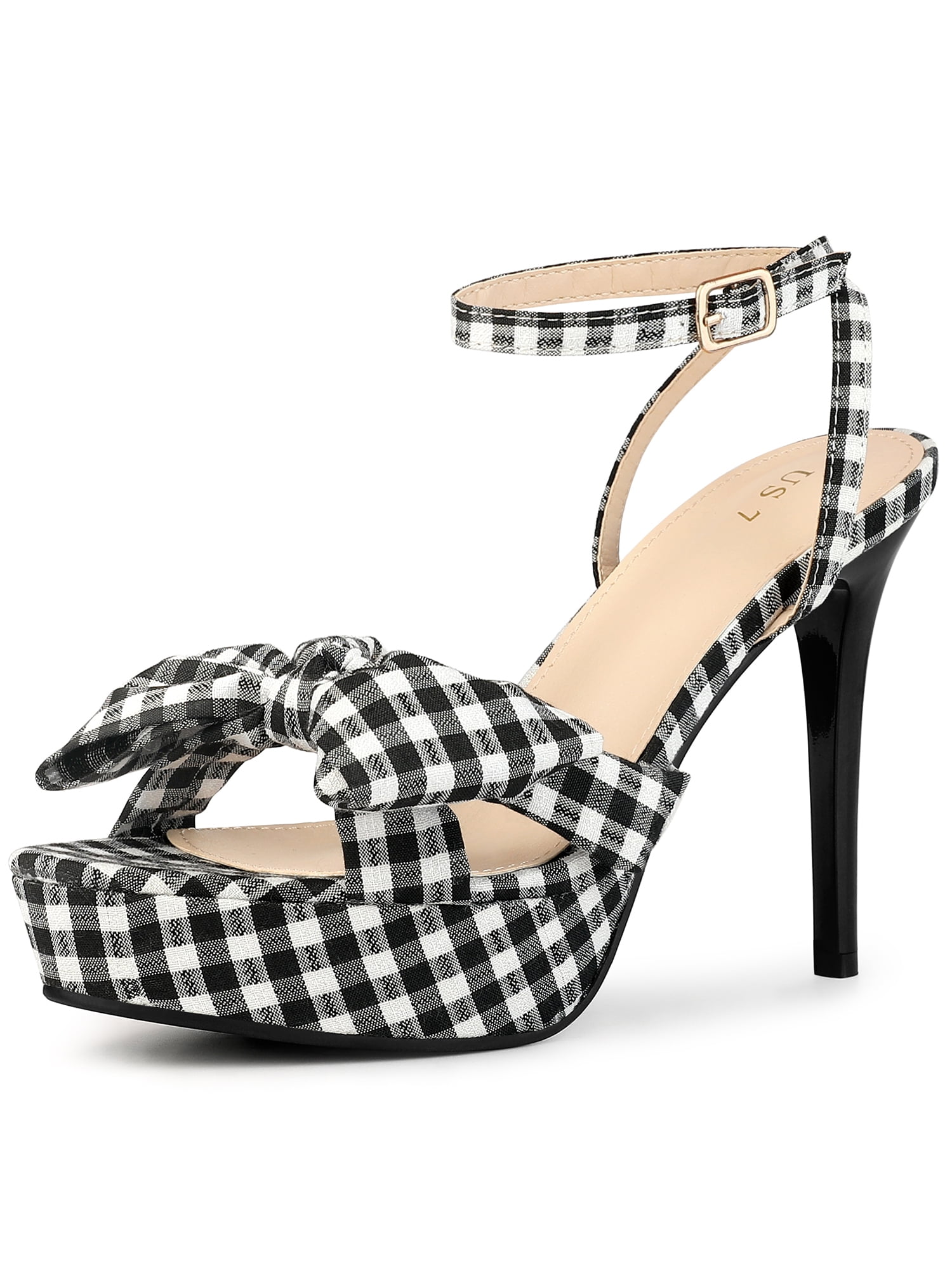 BLISSFUL STEP Bow Platform Stiletto Heel Plaid Sandals for Women ...