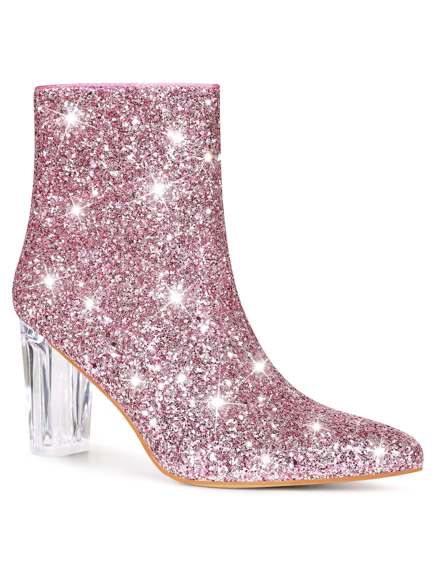 Perphy Clear Block Heel Sparkly Glitter Ankle Boots for Women - Walmart.com