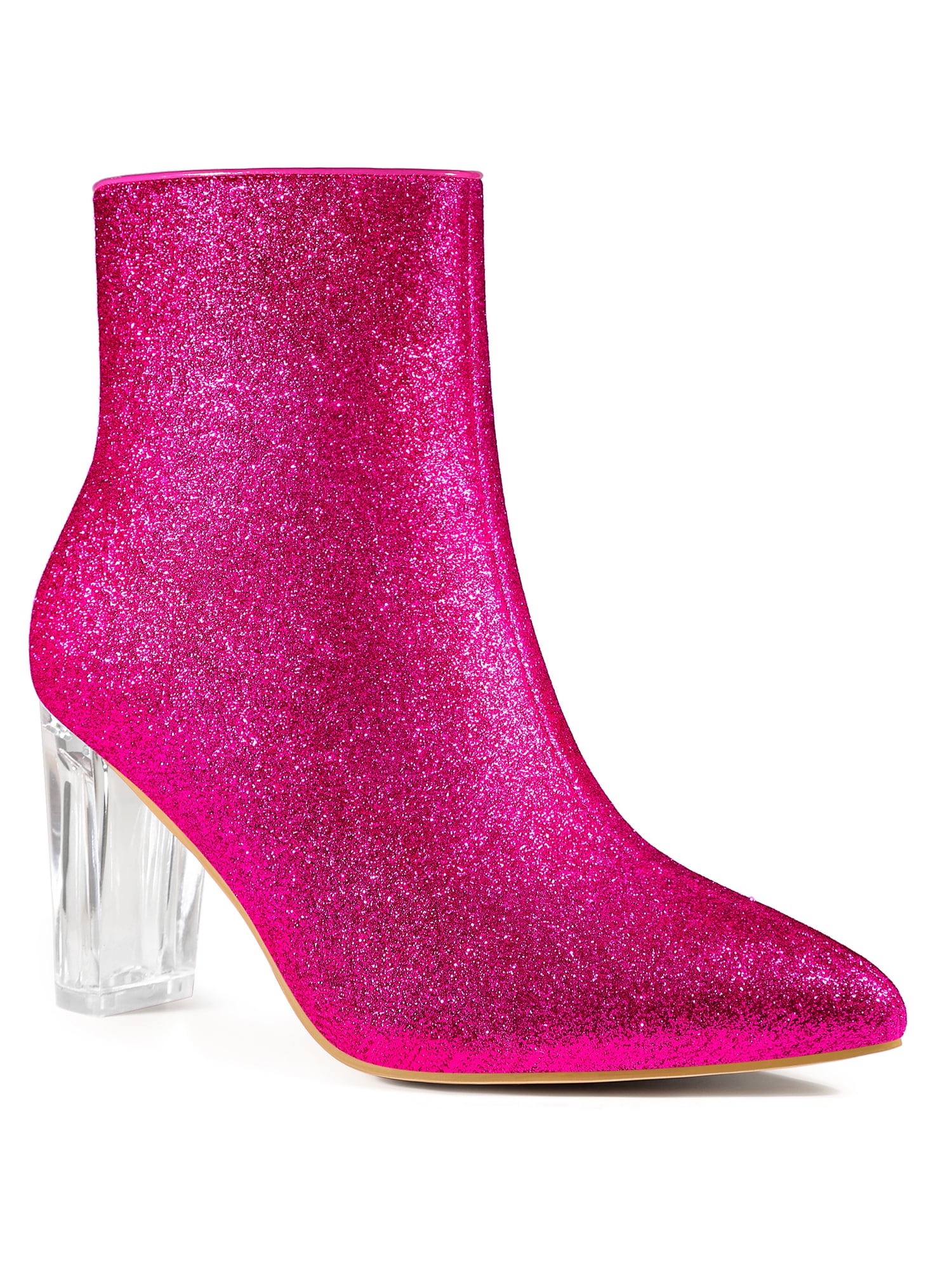 BLISSFUL STEP Women's Ankle Boots Clear Block Heel Sparkly Glitter ...