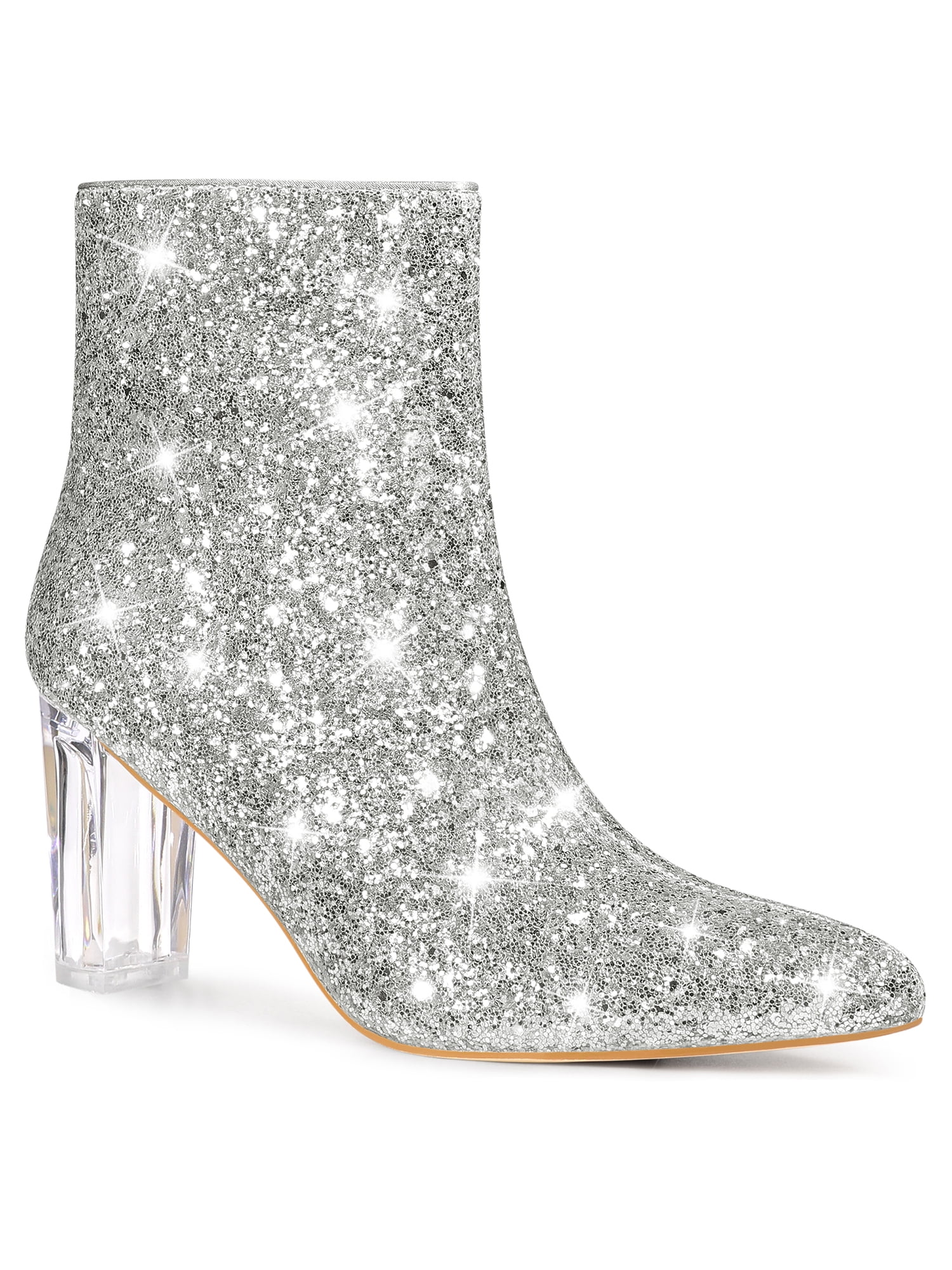 BLISSFUL STEP Clear Block Heel Sparkly Glitter Ankle Boots for Women ...