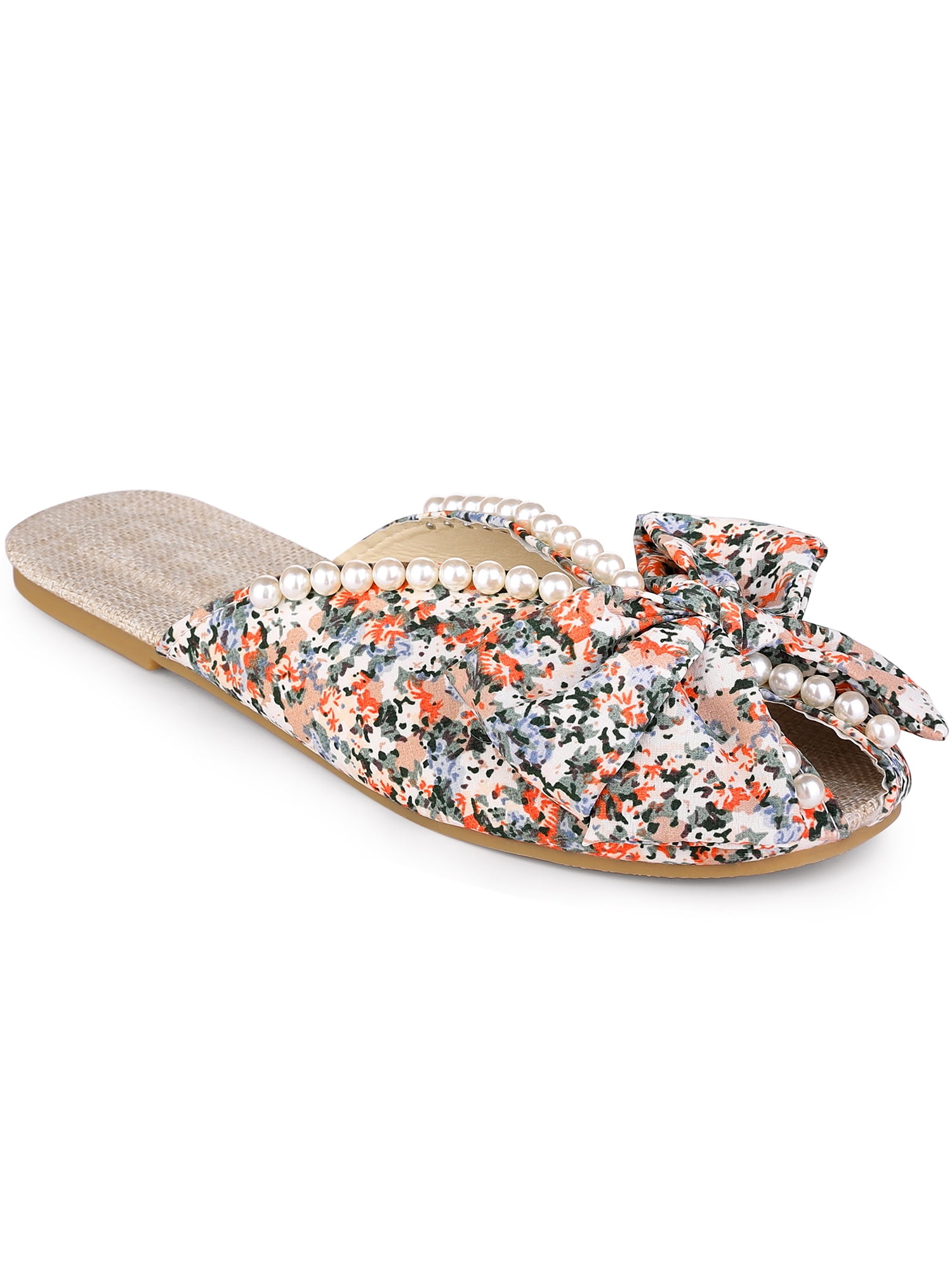 BLISSFUL STEP Flowers Printed PeepToe Slip on Pearl Flat Slides Mules ...