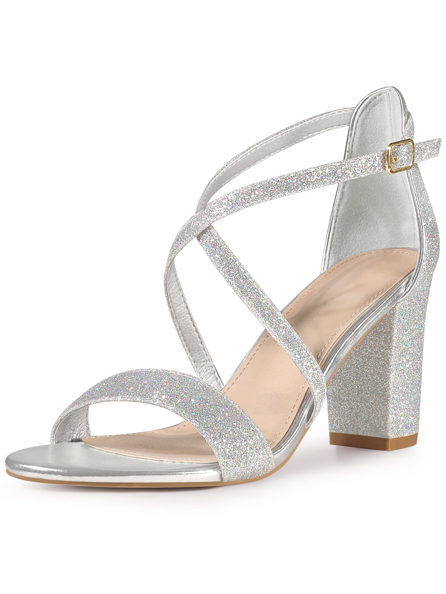 Perphy Glitter Open Toe Crisscross Strap Block Heel Sandals for Women ...