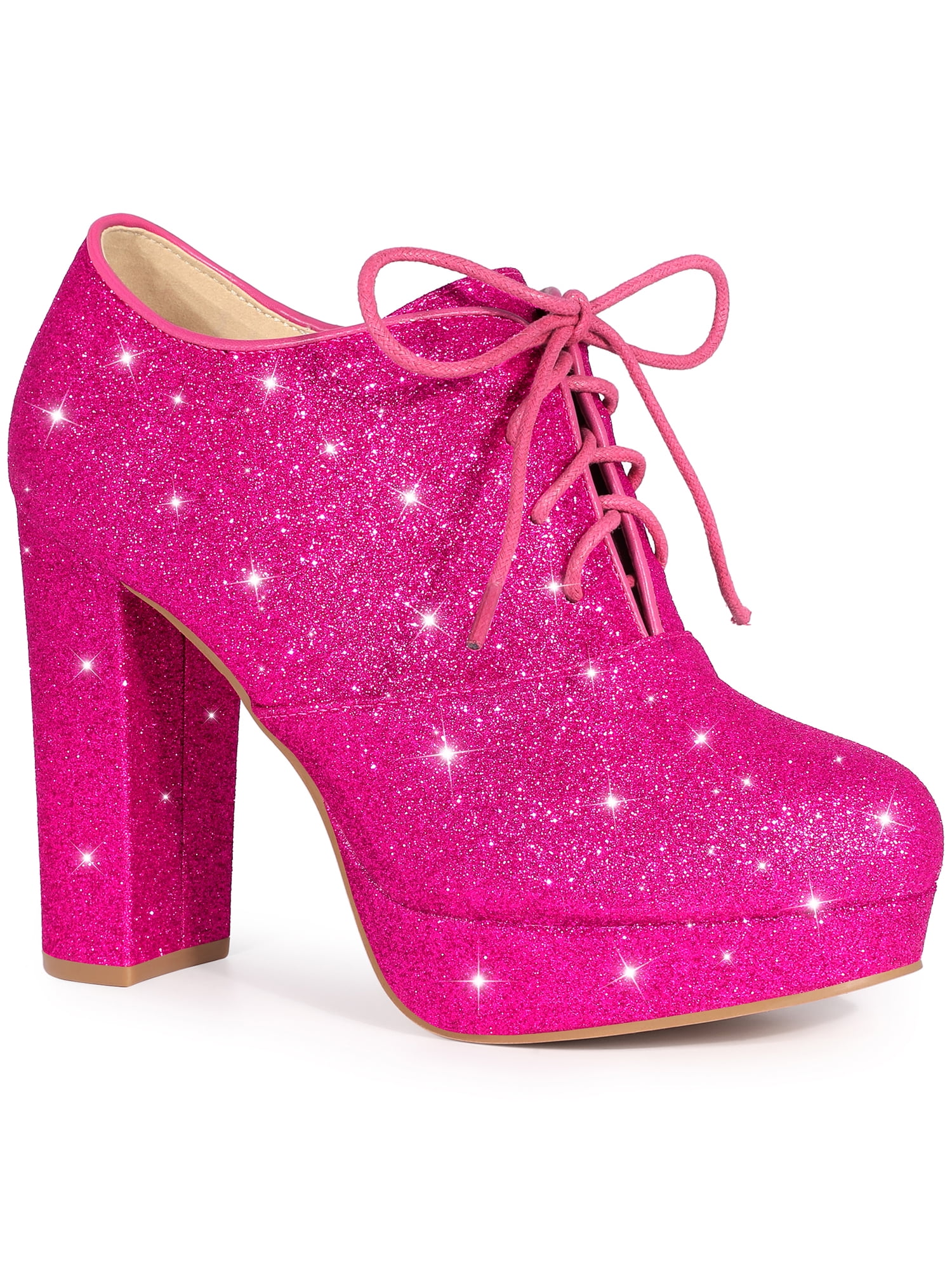 BLISSFUL STEP Glitter Chunky Heel Lace Up Ankle Booties for Women Hot ...