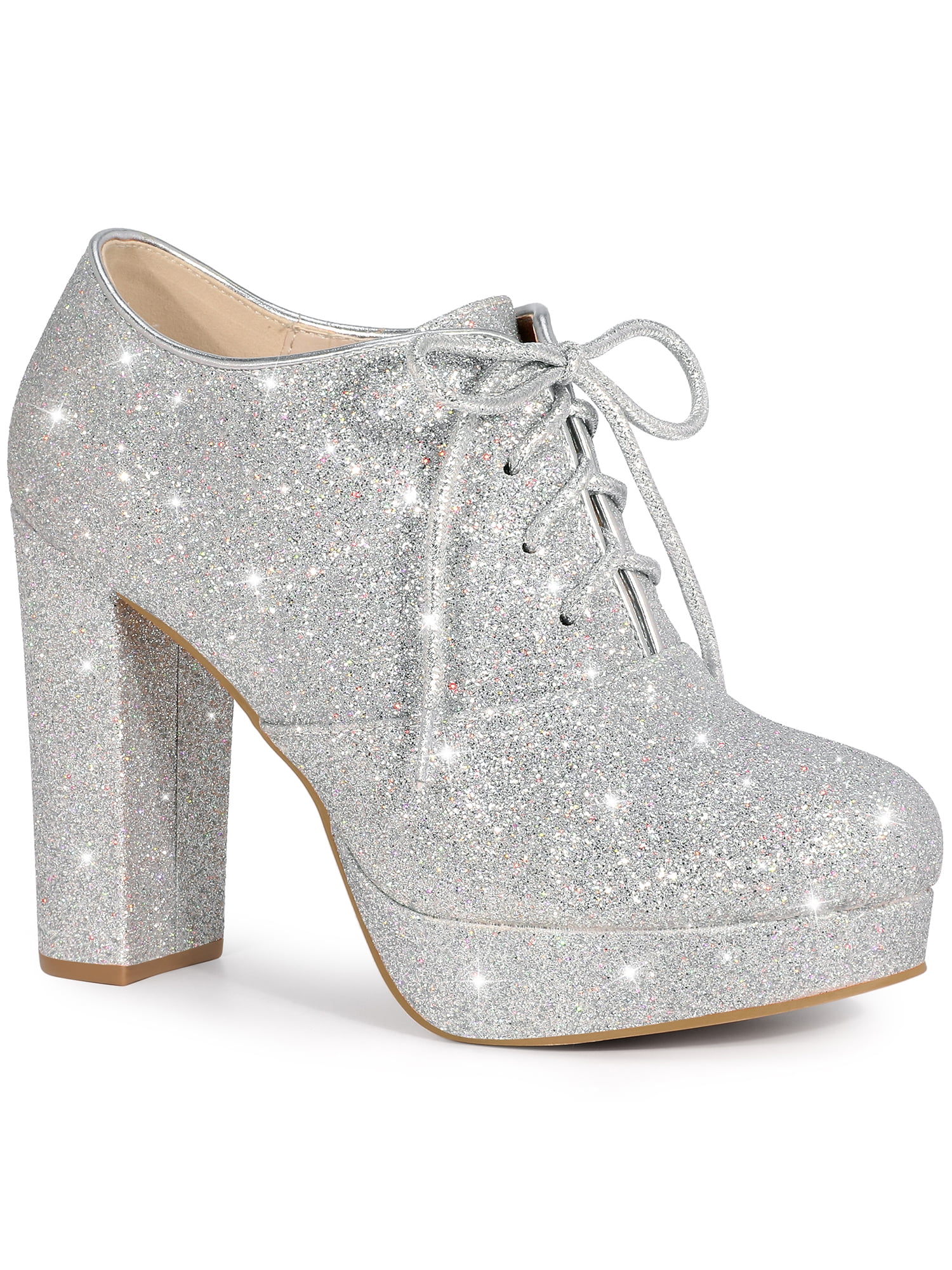 BLISSFUL STEP Glitter Platform Chunky Heel Lace Up Booties for Women ...
