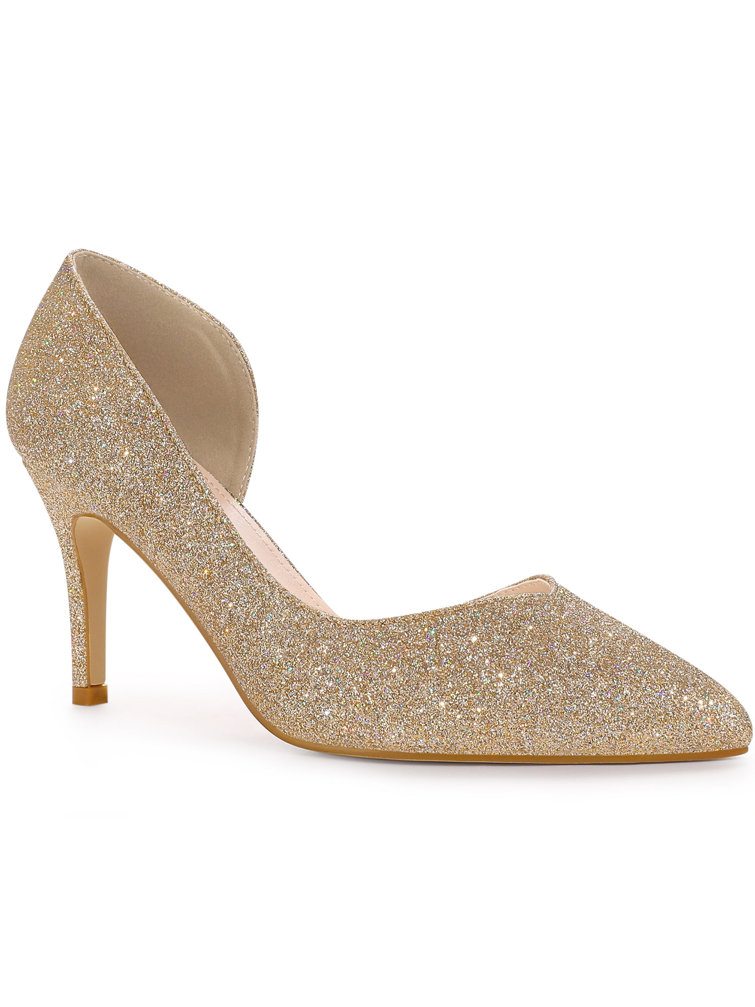 BLISSFUL STEP Glitter Pointed Toe Stiletto Heels Pumps for Women Gold 6 ...