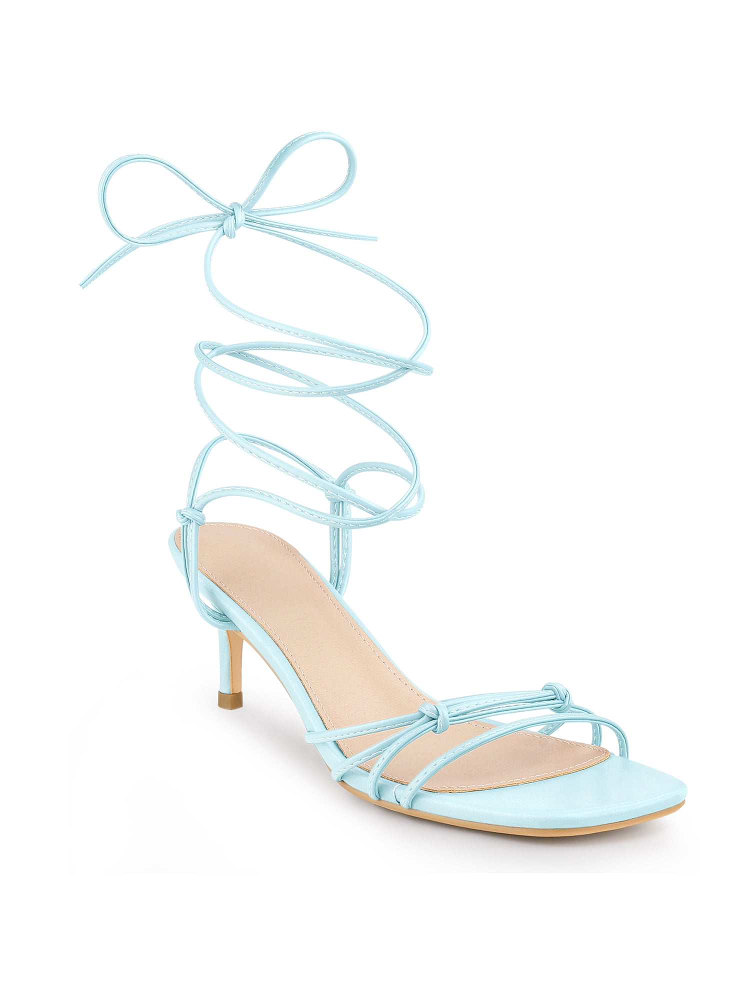 BLISSFUL STEP Knot Lace Up Strappy Square Toe Kitten Heel Sandals for ...