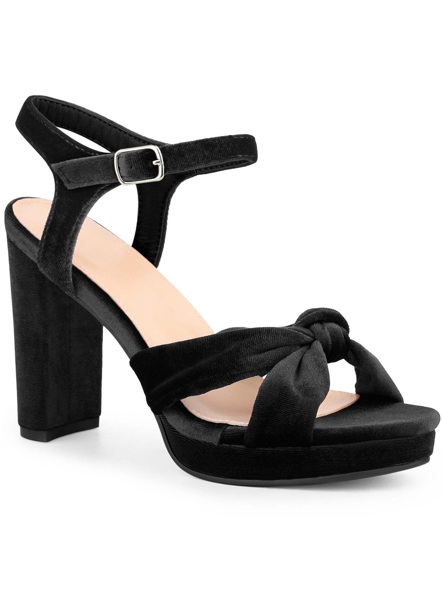 BLISSFUL STEP Knot Platform Slingback Faux Velvet Block Heel Sandals ...