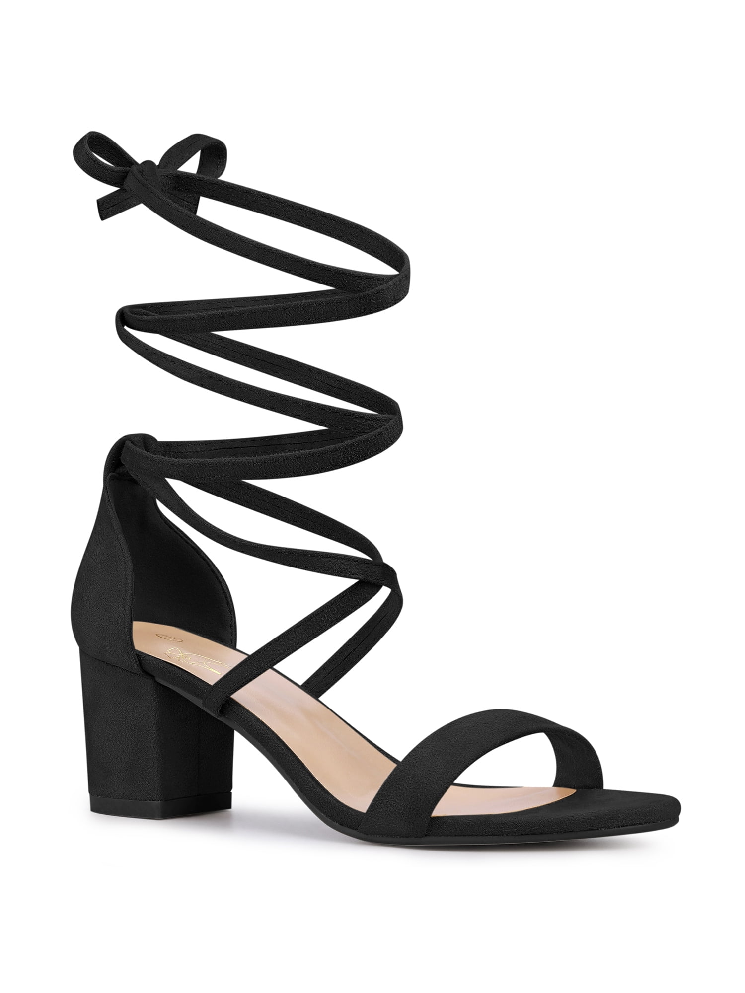 BLISSFUL STEP Lace Up Strappy Block Mid Heels Sandals for Women Black ...
