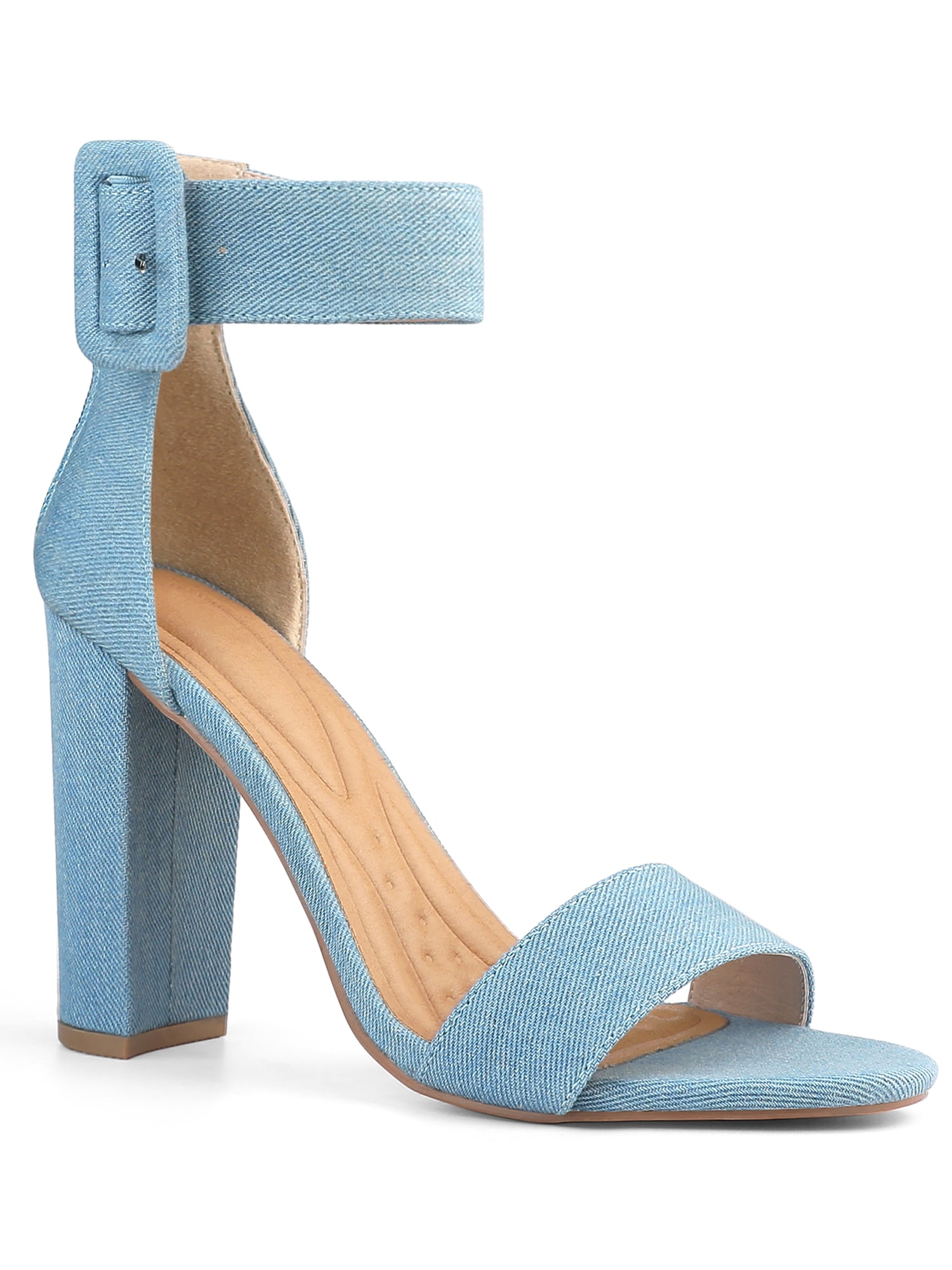 BLISSFUL STEP Open Toe Ankle Straps Block Heel Sandals for Women Denim ...