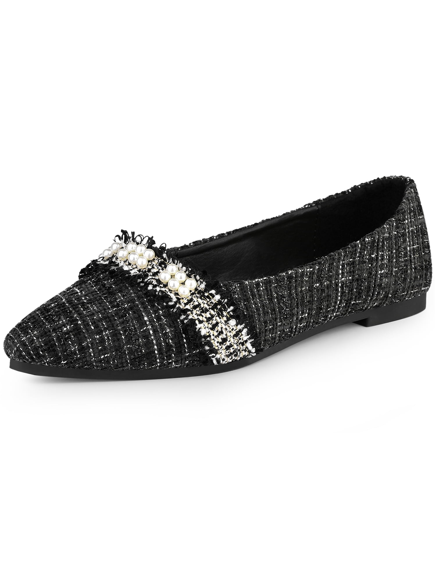 BLISSFUL STEP Pearls Decor Pointy Toe Tweed Plaid Ballet Flats for ...