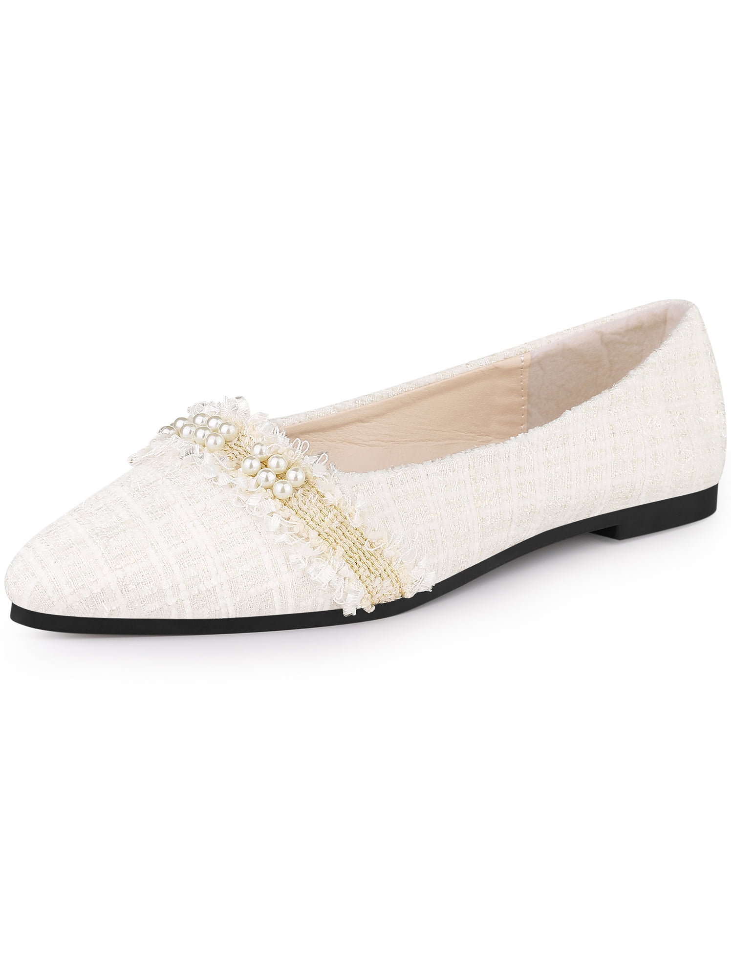 BLISSFUL STEP Pearls Decor Pointy Toe Tweed Plaid Ballet Flats for ...