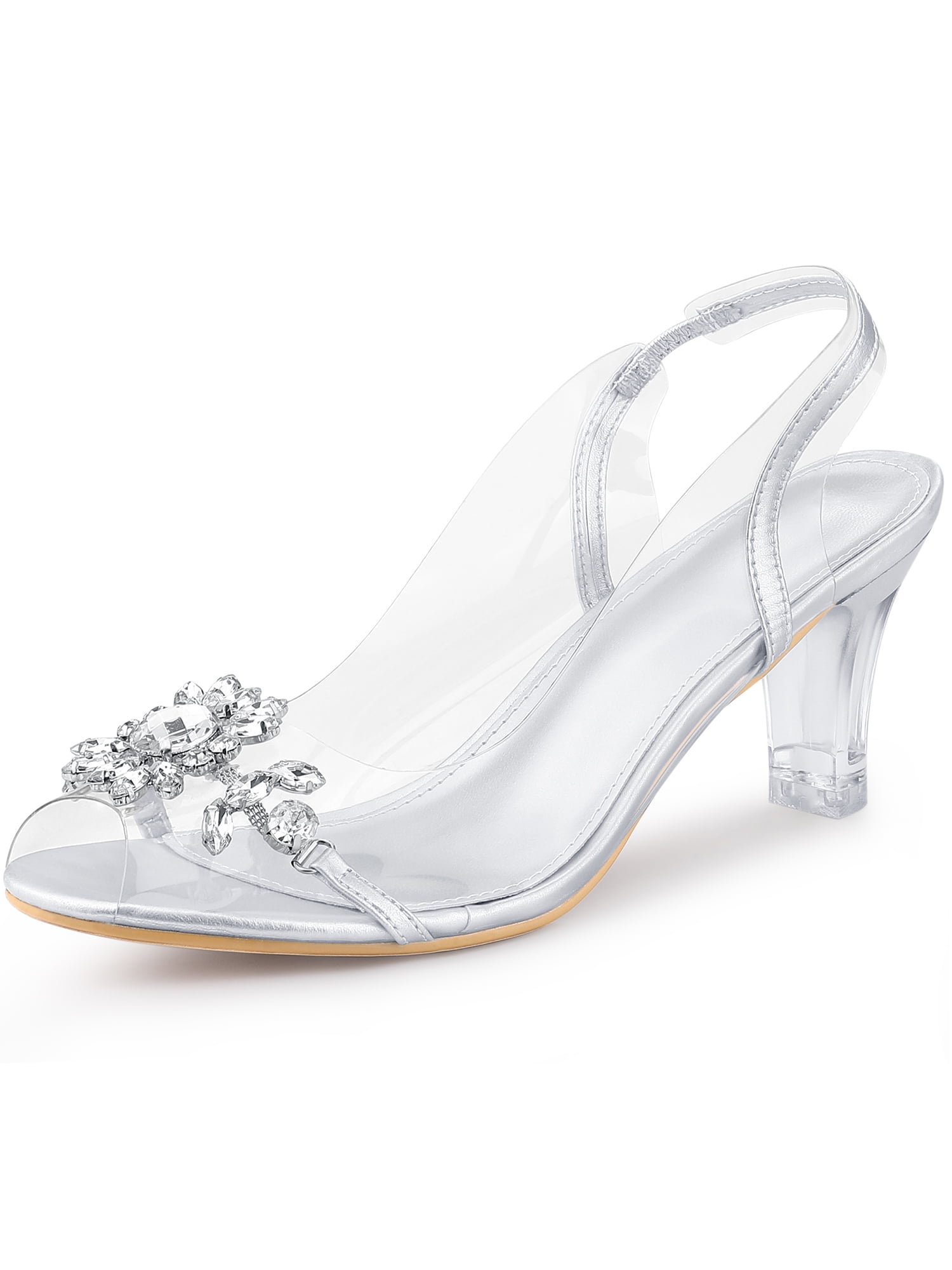 BLISSFUL STEP Peep Toe Flower Rhines Slingback Clear Block Heels ...