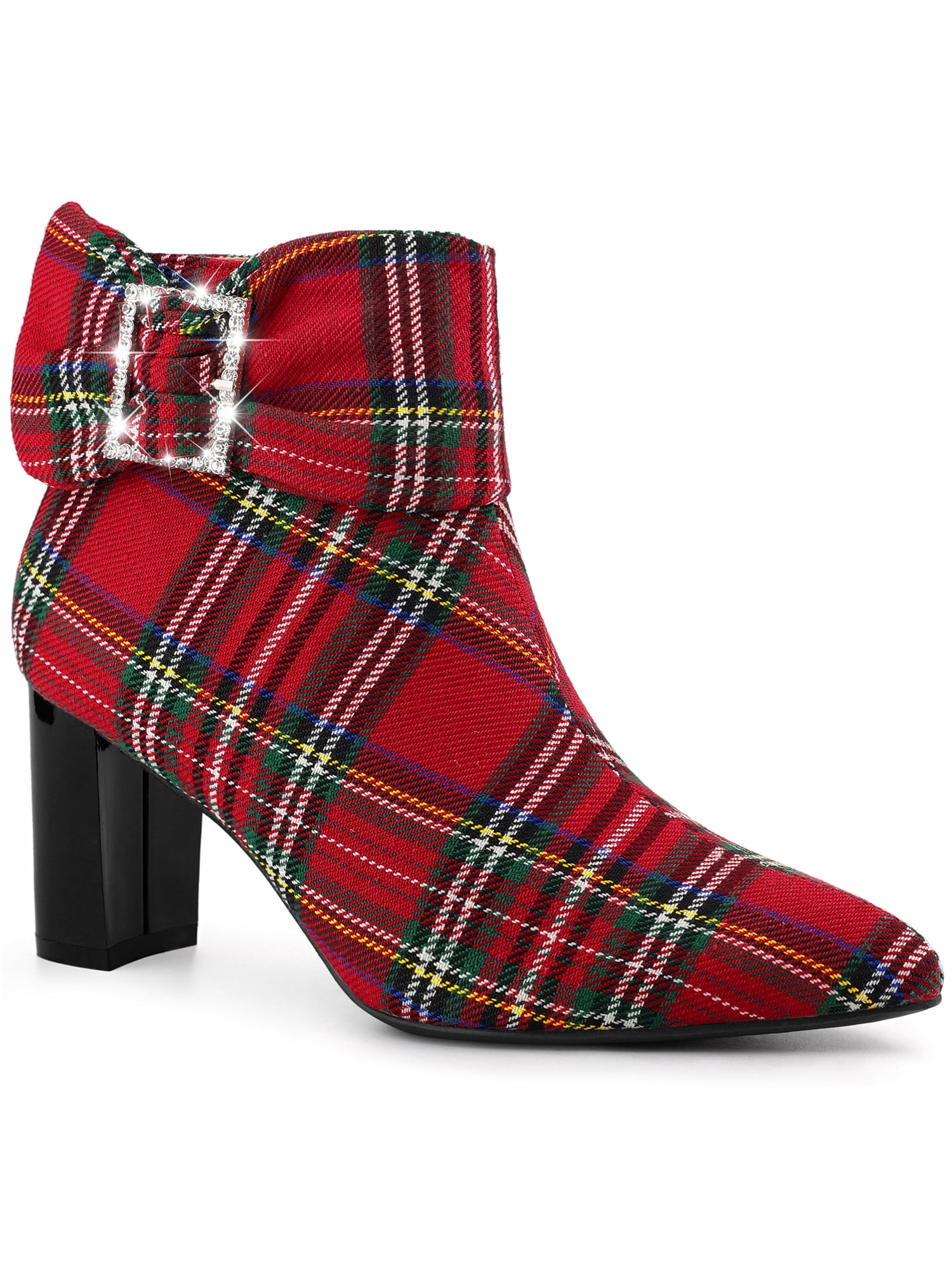BLISSFUL STEP Plaid Pointy Toe Rhines Bow Decor Zipper Block Heels Ankle Boots for Women ...