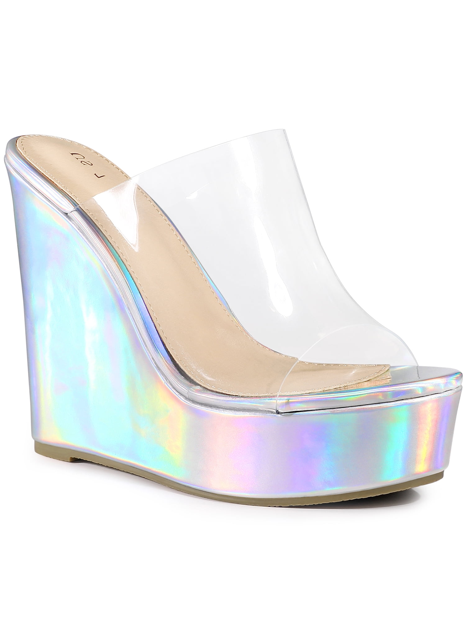 Perphy Platform Clear Strap Wedge Heel Slide Sandals for Women Silver 9 ...
