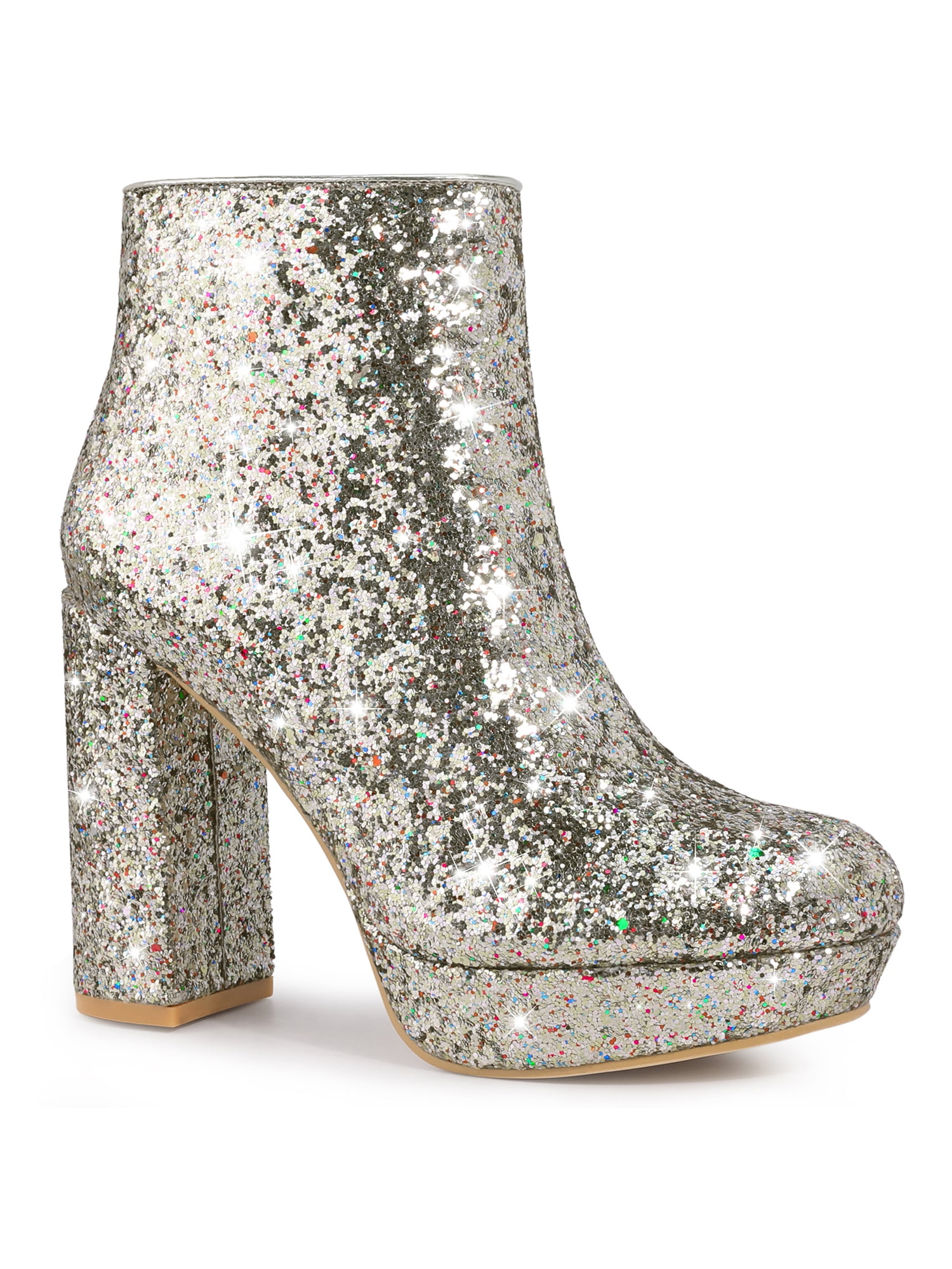 BLISSFUL STEP Women's Ankle Boots Sparkly Glitter Chunky Heel Platform ...