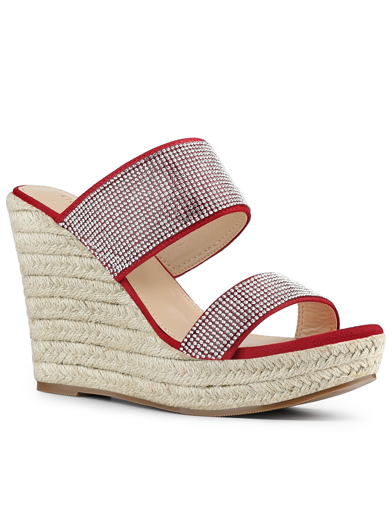 BLISSFUL STEP Platform Rhinestones Dual Strap Espadrille Wedge Sandals ...