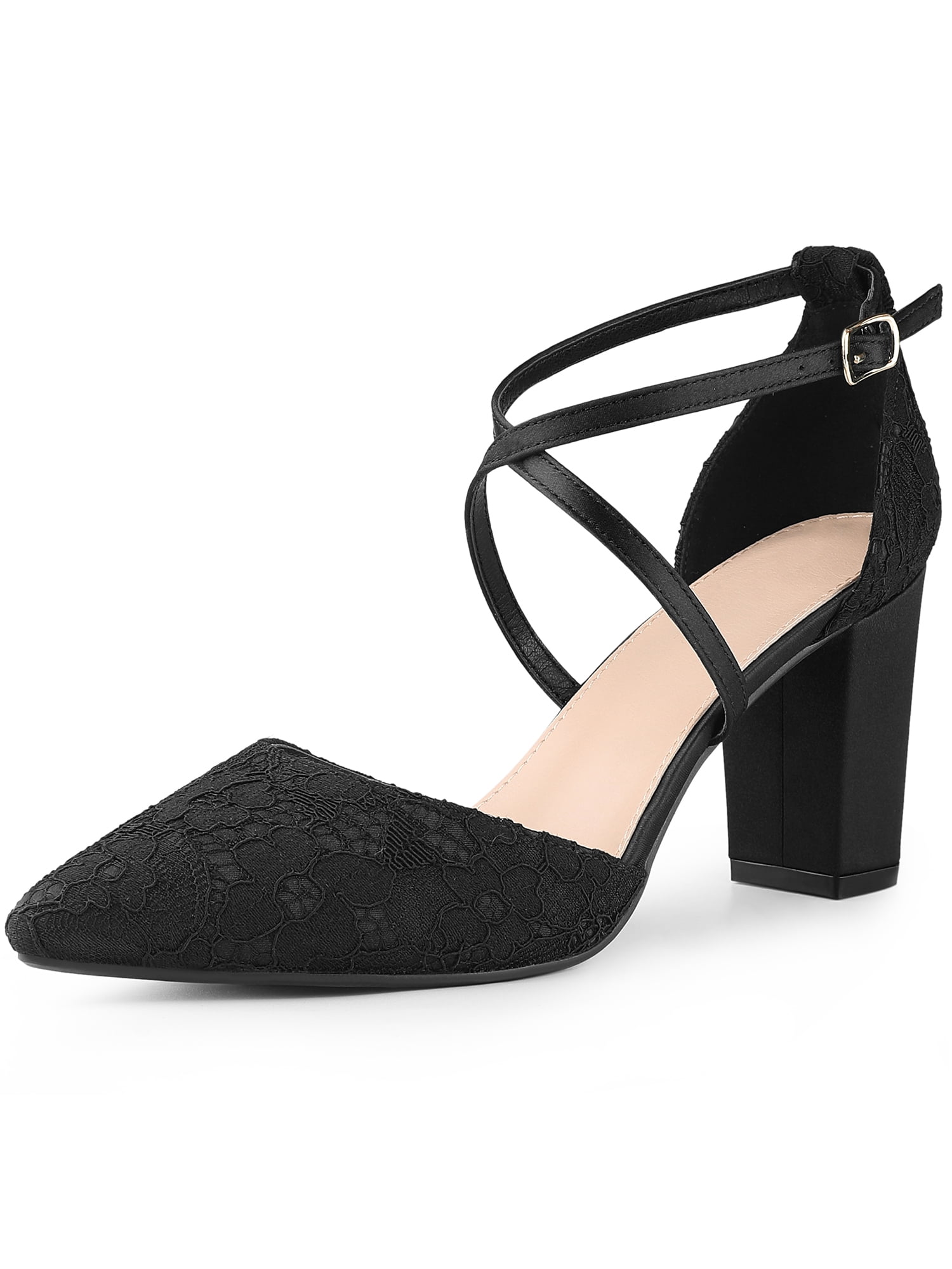 BLISSFUL STEP Pointed Toe Cross Straps Block Heel Lace Pumps for Women ...