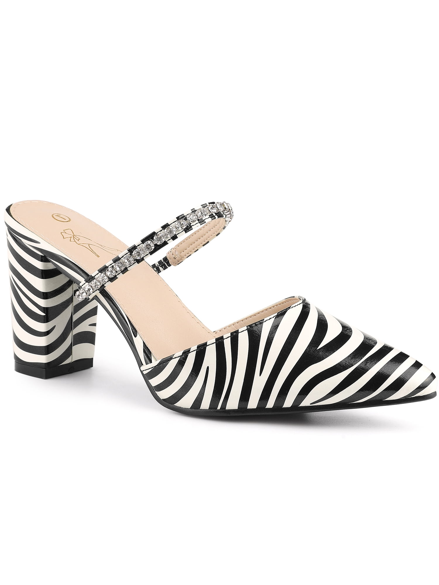 BLISSFUL STEP Pointed Toe Rhinestones Strap Block Heel Mules for Women ...