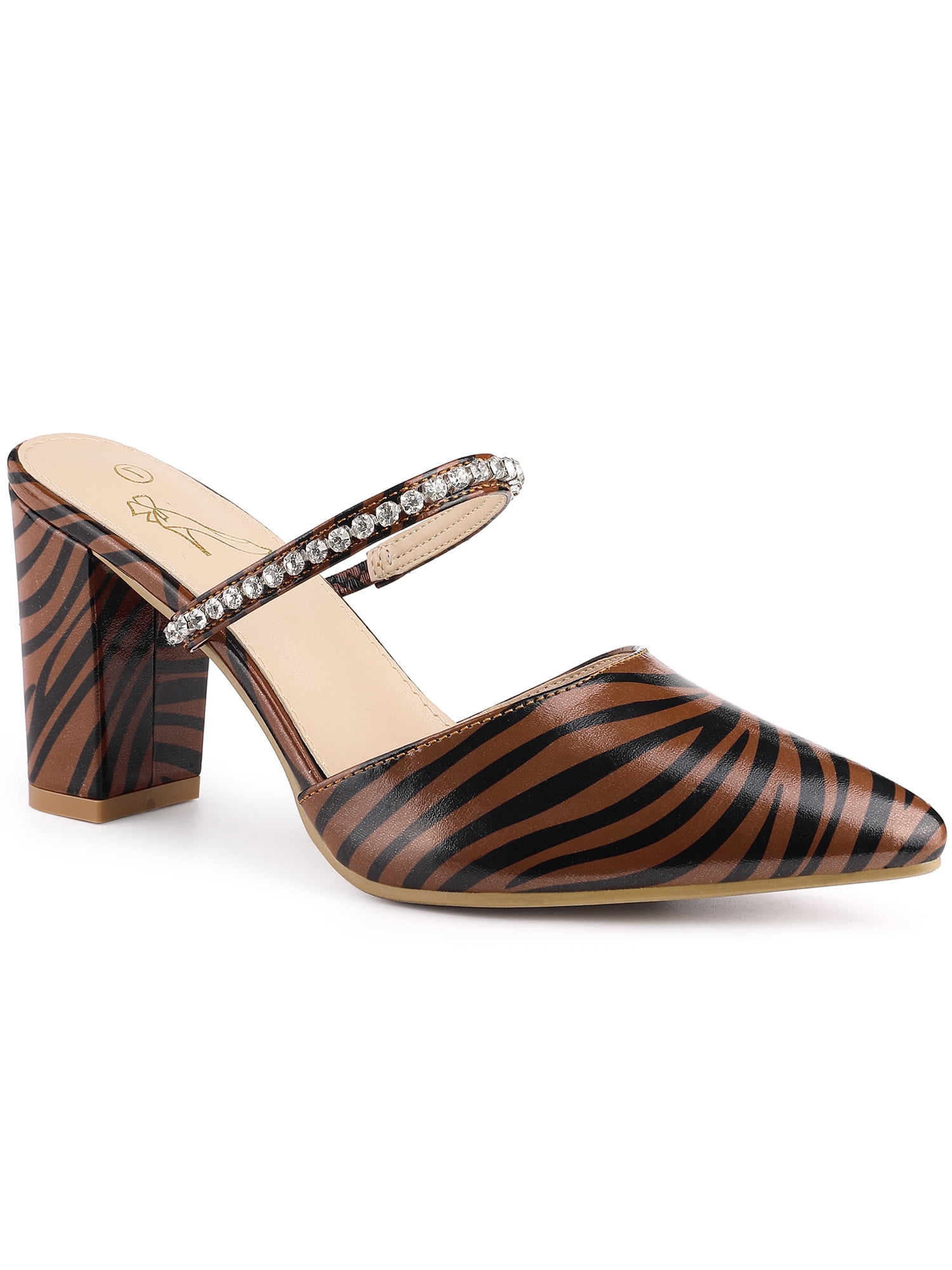 Perphy Pointed Toe Rhinestones Strap Chunky Heel Mules for Women ...