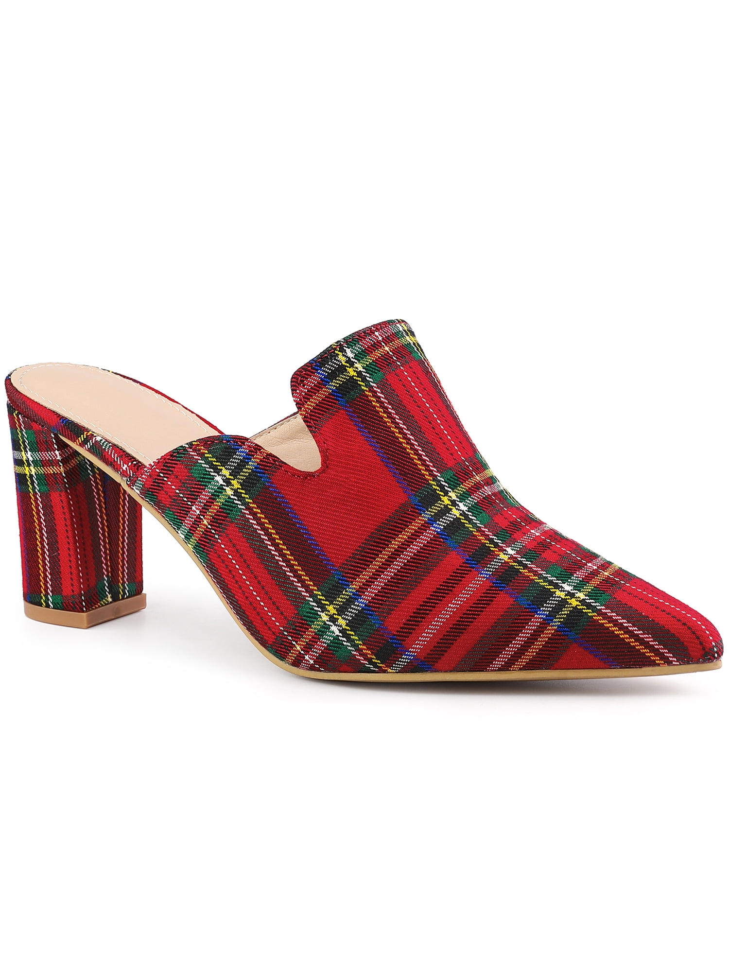 BLISSFUL STEP Women's Plaid Pointed Toe Block Heel Slide Mules Red ...