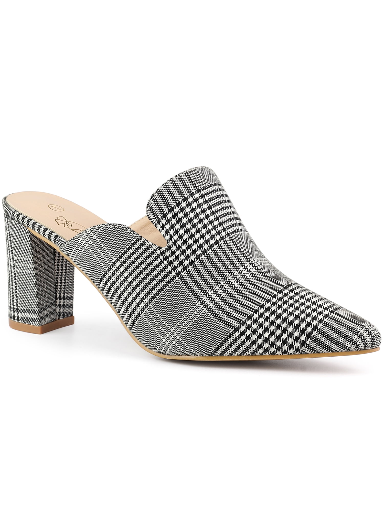 BLISSFUL STEP Inspired Women's Plaid Pointed Toe Block Heel Slide Mules ...