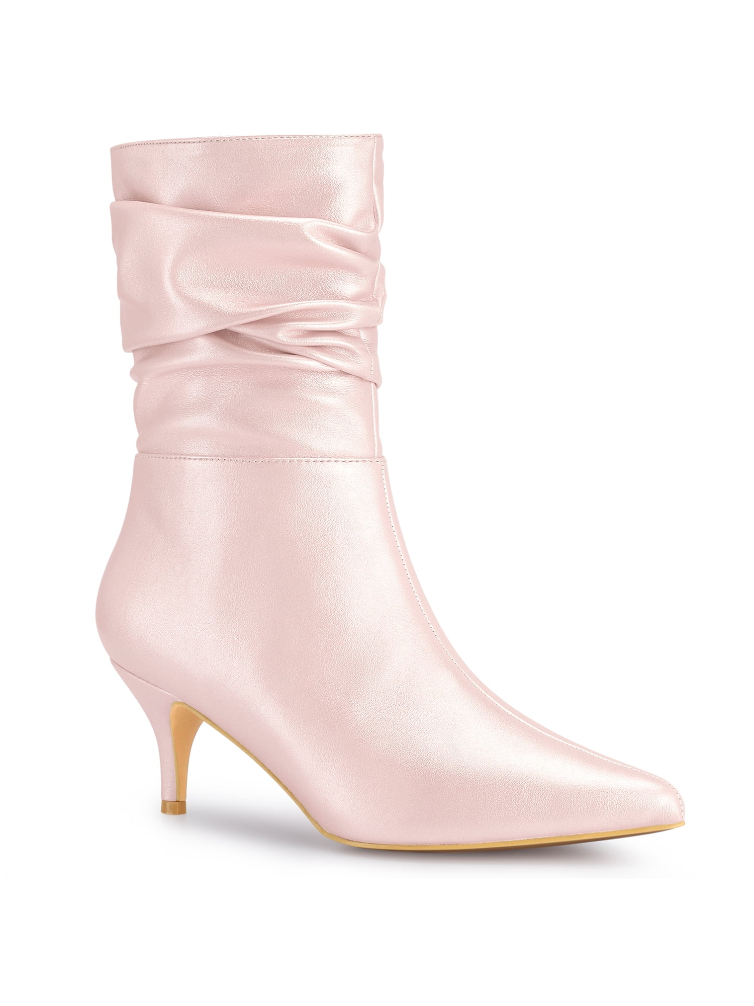 BLISSFUL STEP Pointed Toe Slouches Kitten Heels Mid Calf Boots for ...