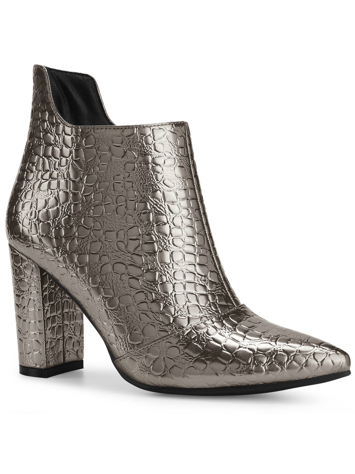 BLISSFUL STEP Pointed Toe Stone Pattern Cutout Chunky Heels Ankle ...