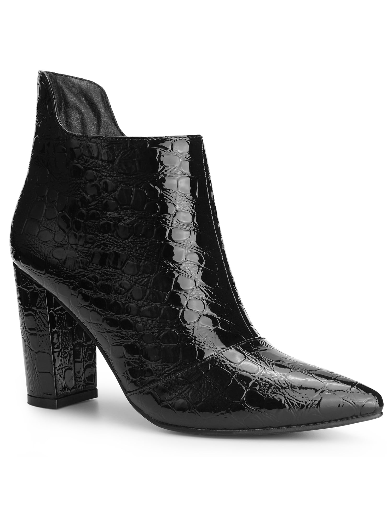 BLISSFUL STEP Pointed Toe Stone Pattern Cutout Chunky Heels Ankle ...