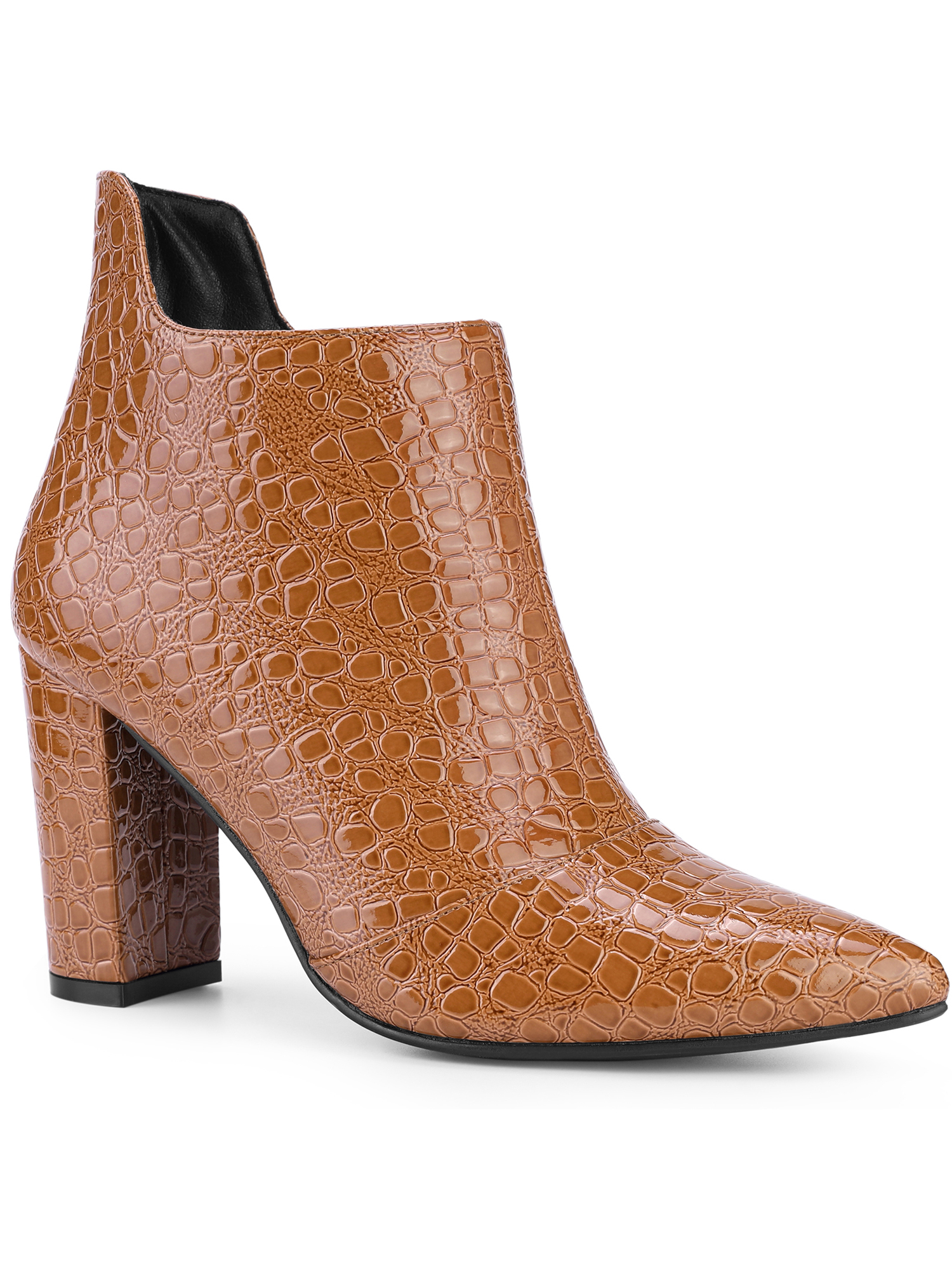 BLISSFUL STEP Pointed Toe Stone Pattern Cutout Chunky Heels Ankle ...