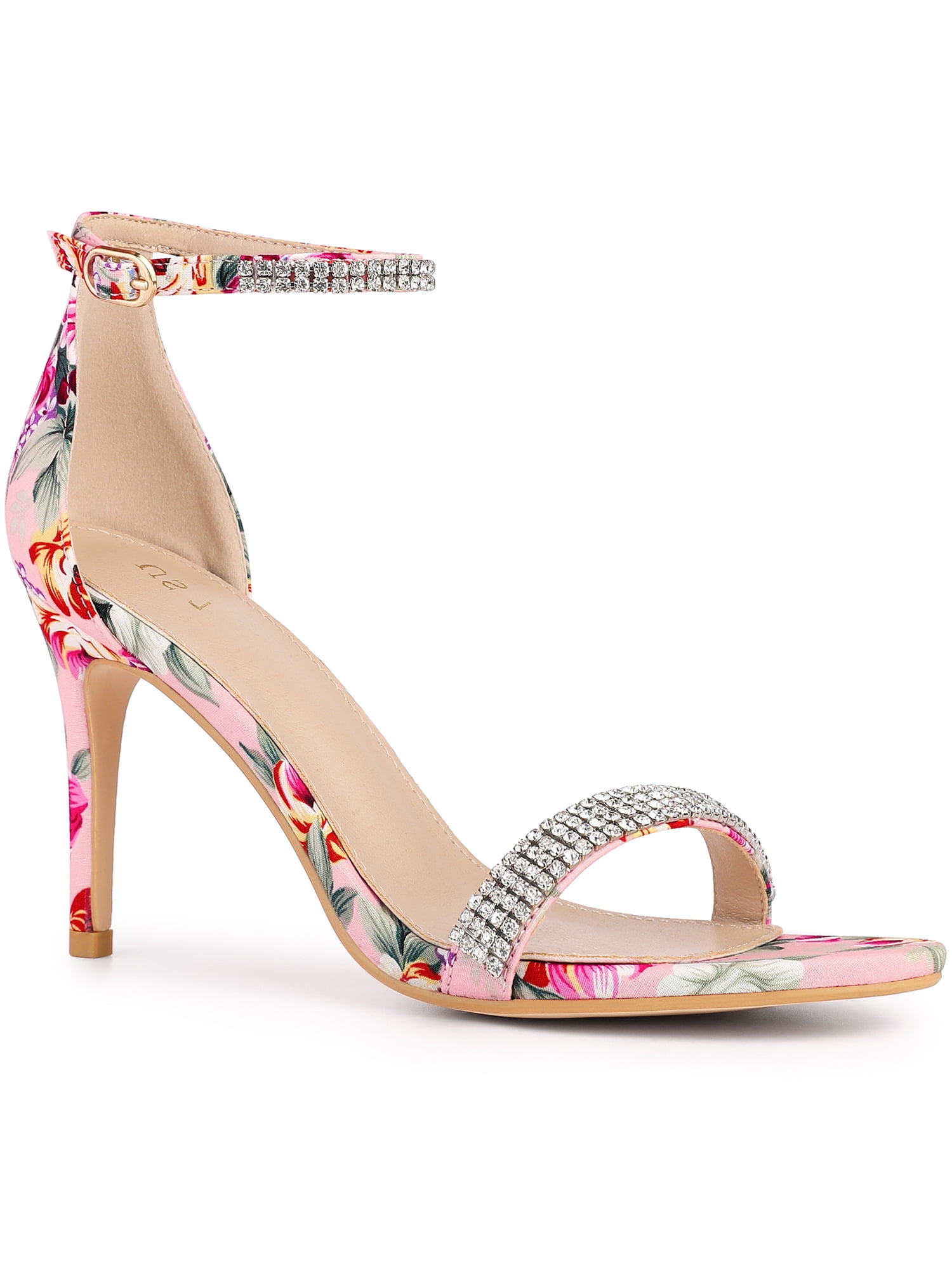 BLISSFUL STEP Rhinestone Straps Floral Print Ankle Strap Stiletto Heel ...