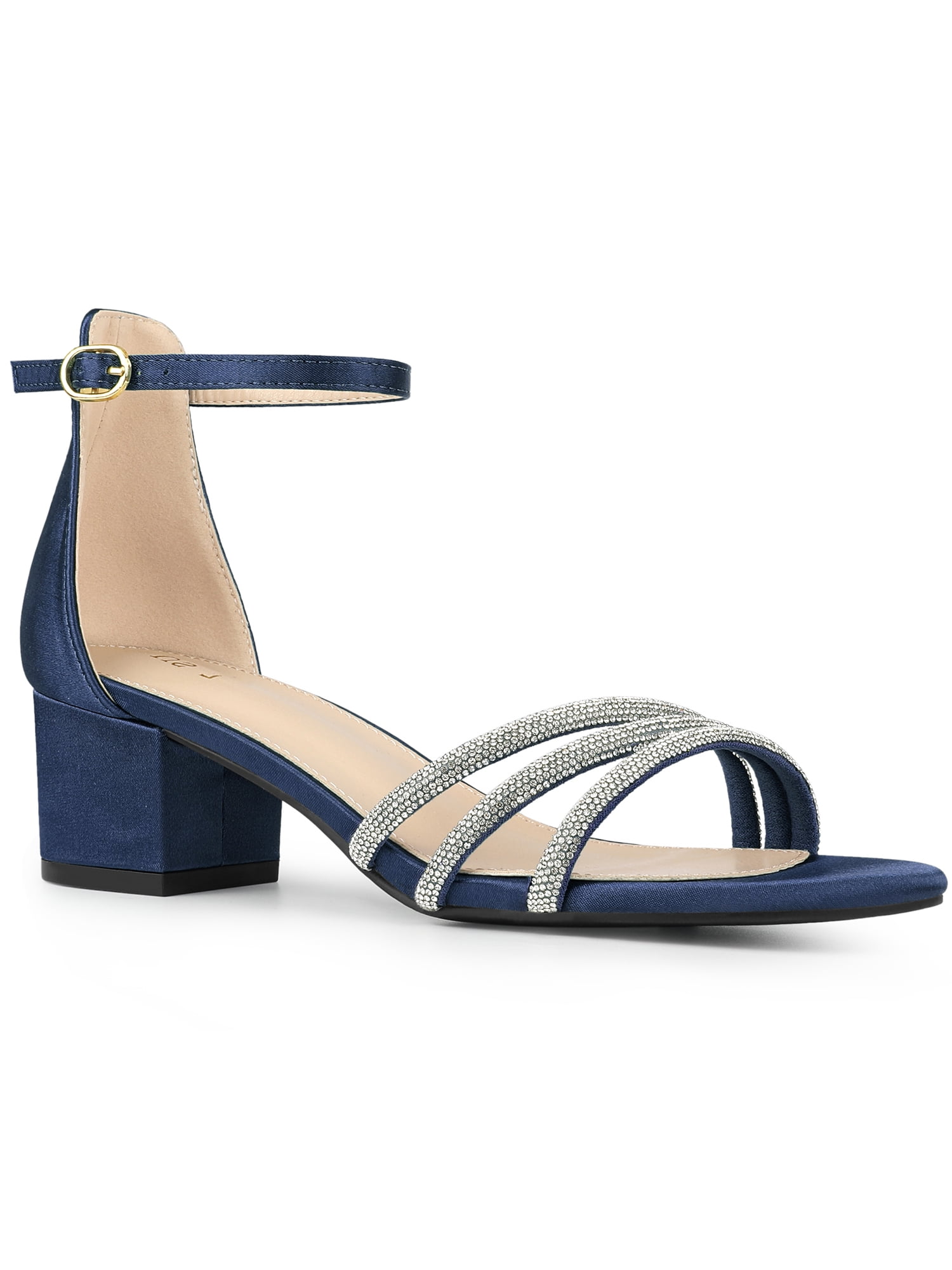 BLISSFUL STEP Satin Rhiness Open Toe Block Heel Sandals for Women Navy ...