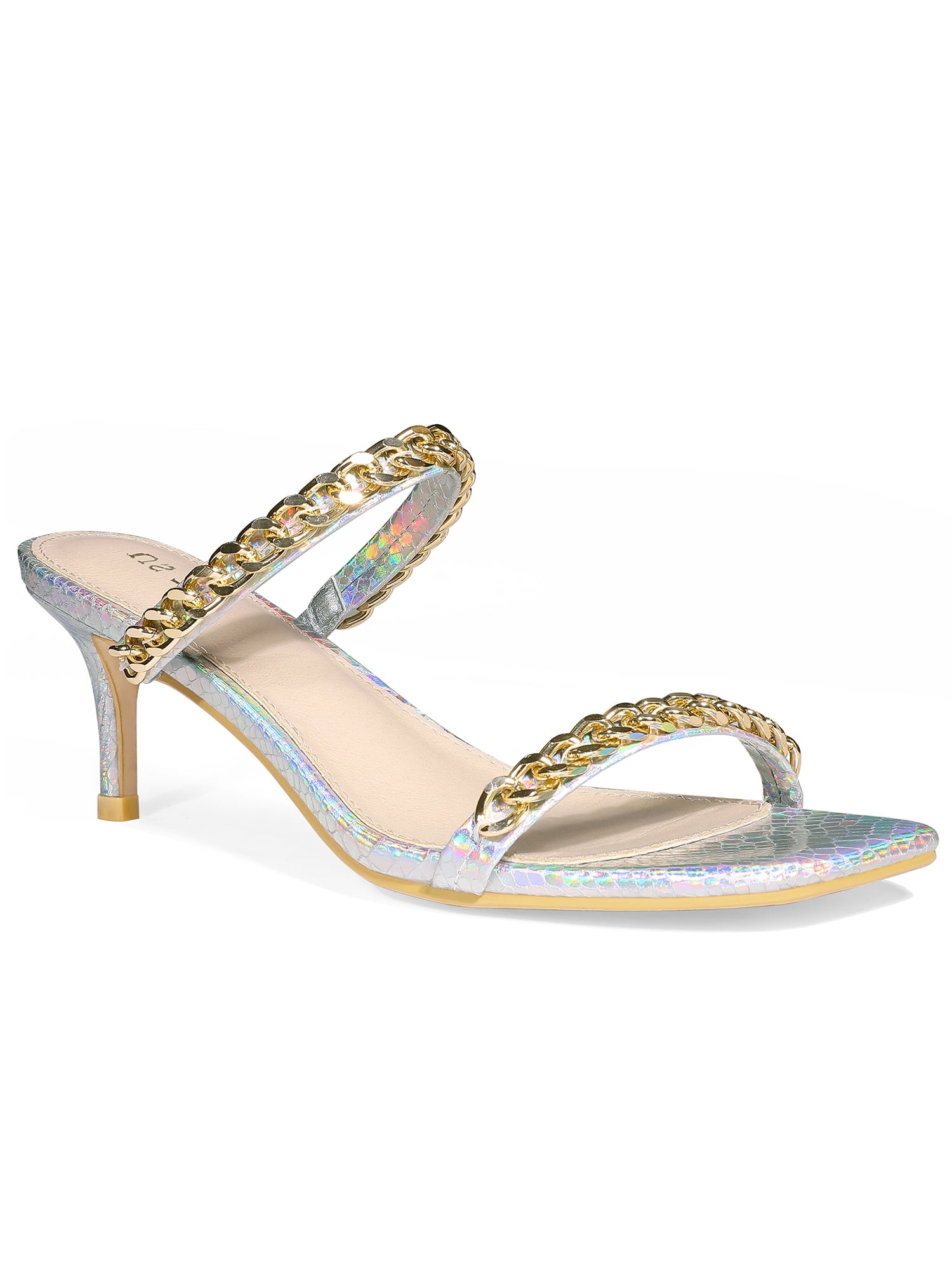 Perphy Snakeskin Square Toe Chain Stiletto Heels Slide Sandals for ...