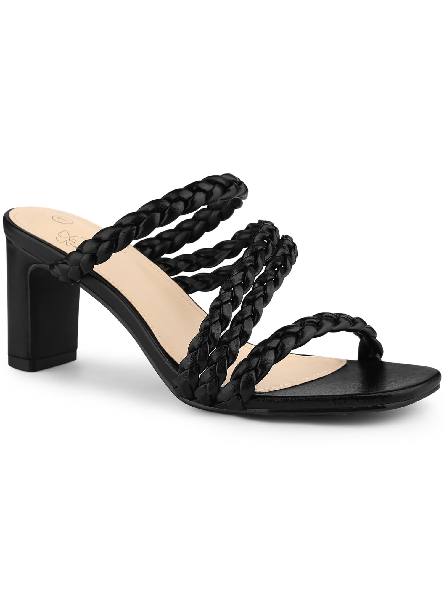 BLISSFUL STEP Square Toe Braided Block Heels Sandals for Women Black ...