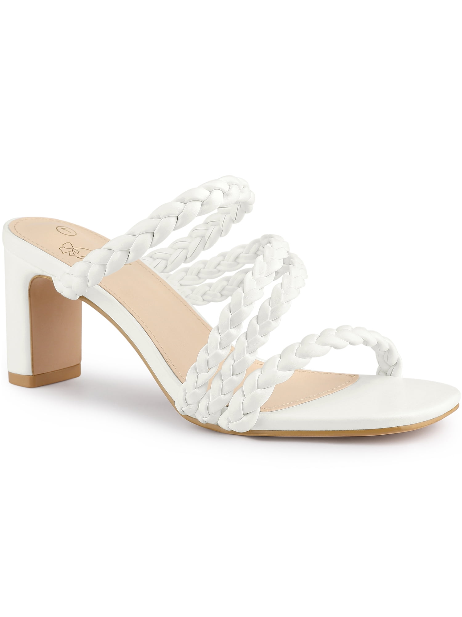 BLISSFUL STEP Square Toe Braided Block Heels Sandals for Women White ...